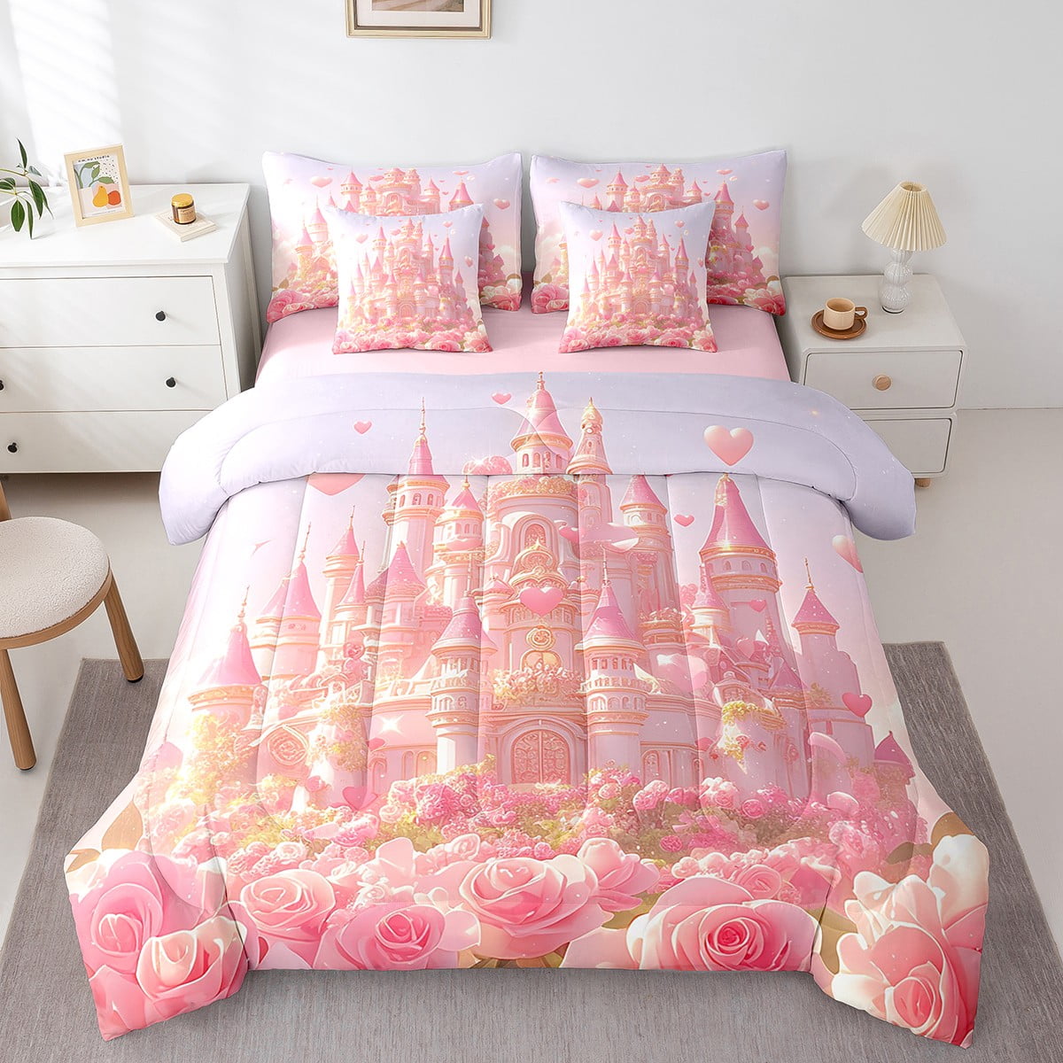 7 Piece Pink Floral Bedding Cute Castle Bed in a Bag for Girls Kids ...