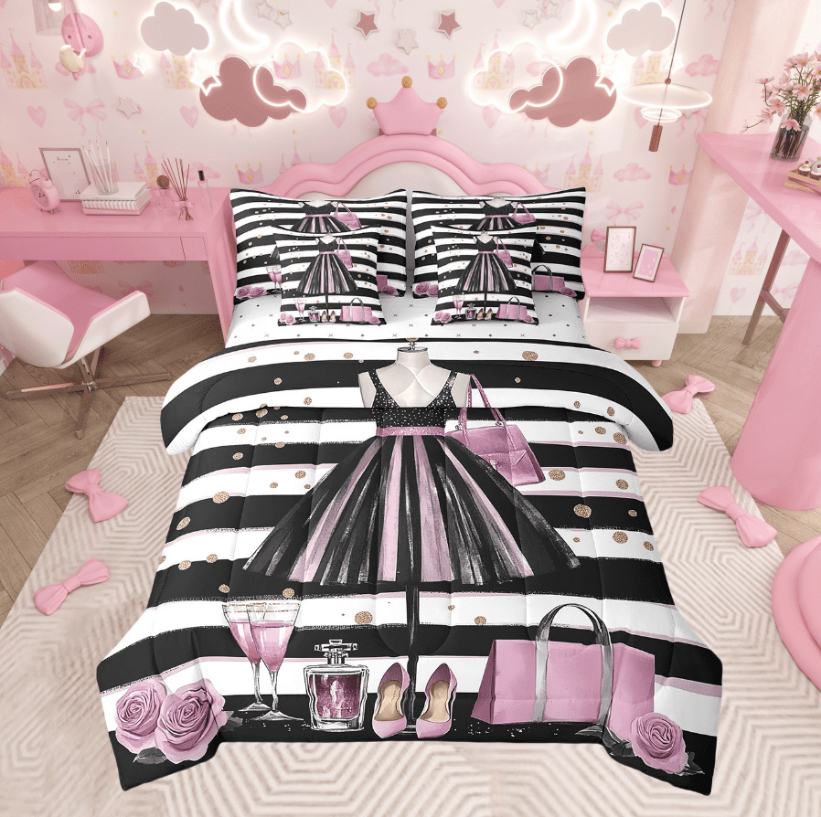 7 Piece Pink Girly Dress Bed in a Bag Queen Size Modern Women Black ...