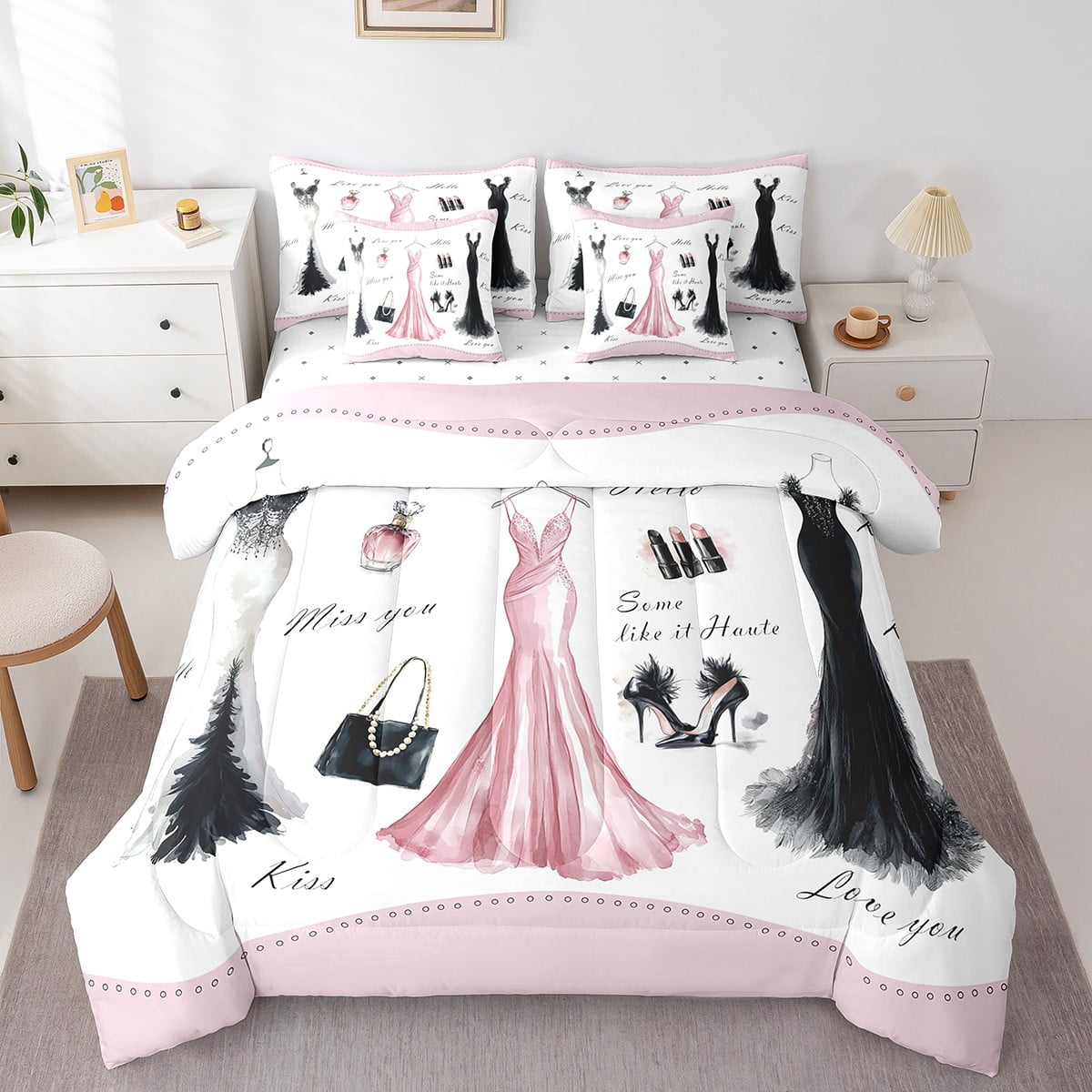 7 Piece Pink Girly Dress Bedding Sets Full Modern Fashion Woman Dress ...