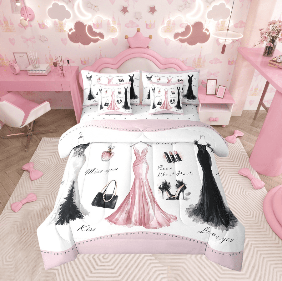 7 Piece Pink Girly Dress Bedding Sets Full Modern Fashion Woman Dress ...