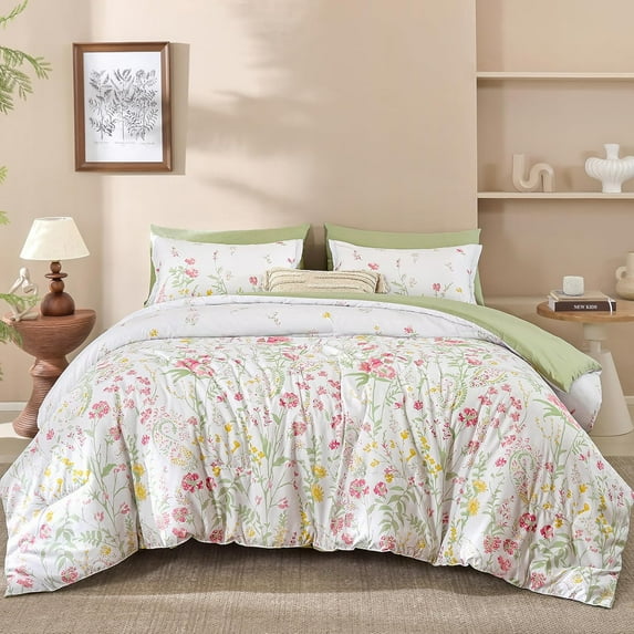 7 Piece Pink Green Floral Comforter Set Queen Size - Walmart.com