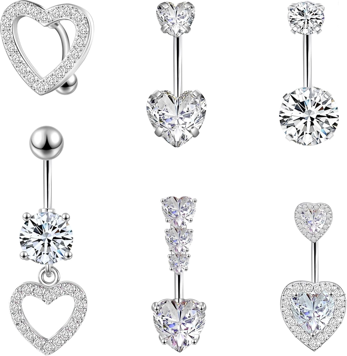 7-Piece Pink Heart Belly Button Ring Set, 14G Surgical Steel Navel ...