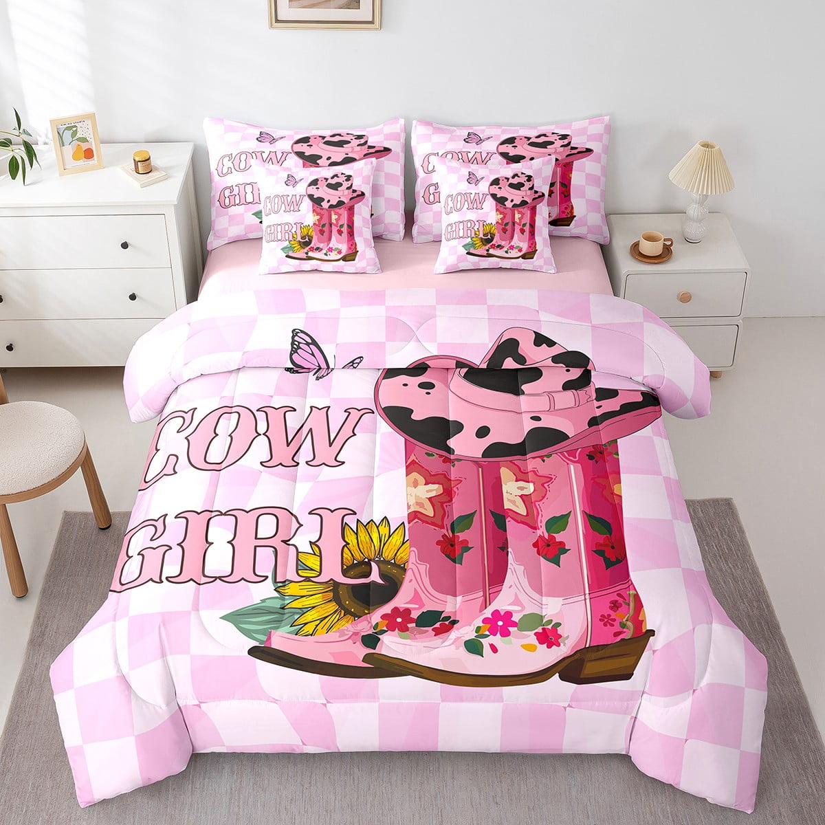 7 Piece Pink Western King Bedding Sets,Cowgirl Boot Hat Comforter Set ...
