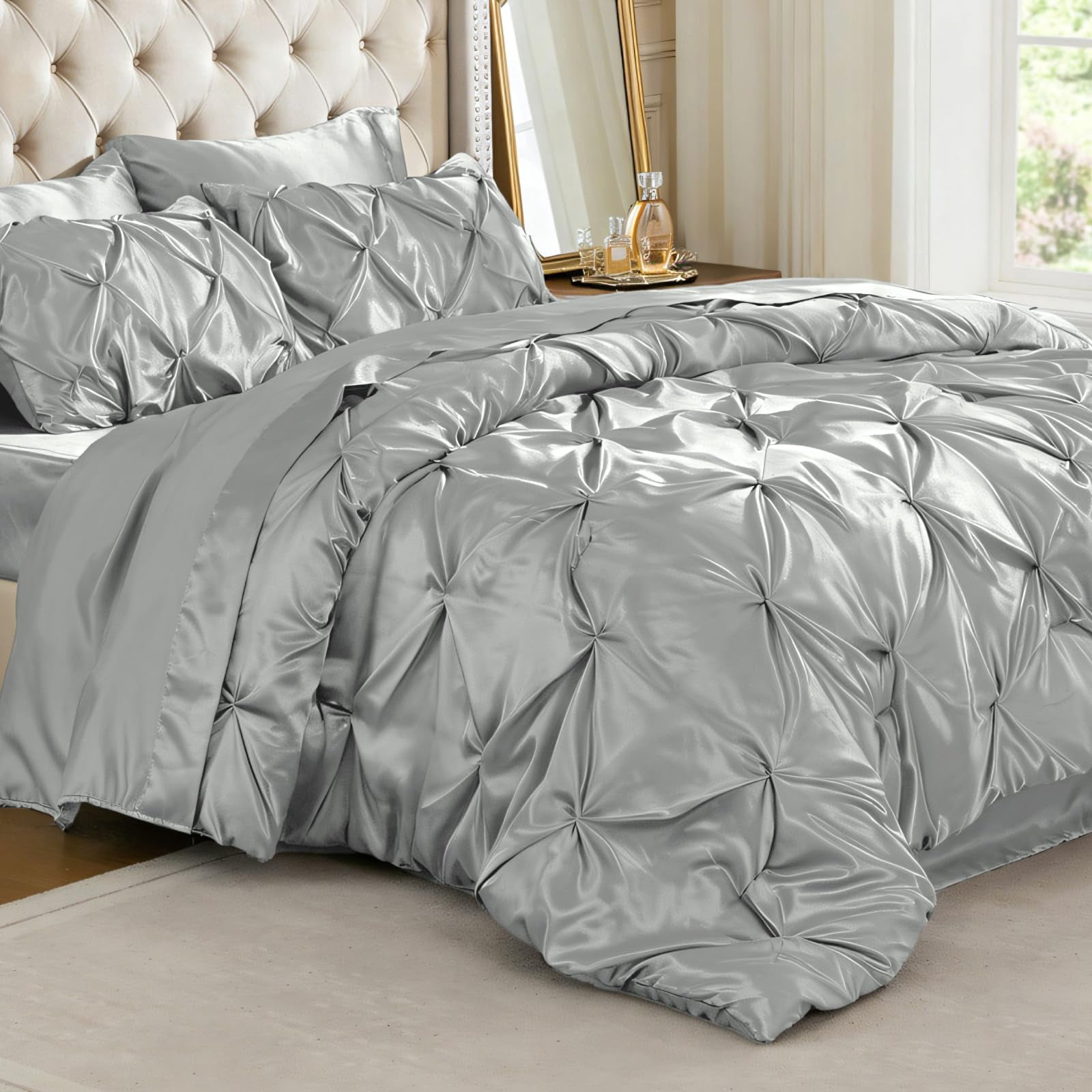 7 Piece Pintuck Satin Bed-in-a-Bag Set Grey Queen Size All Seasons Use ...