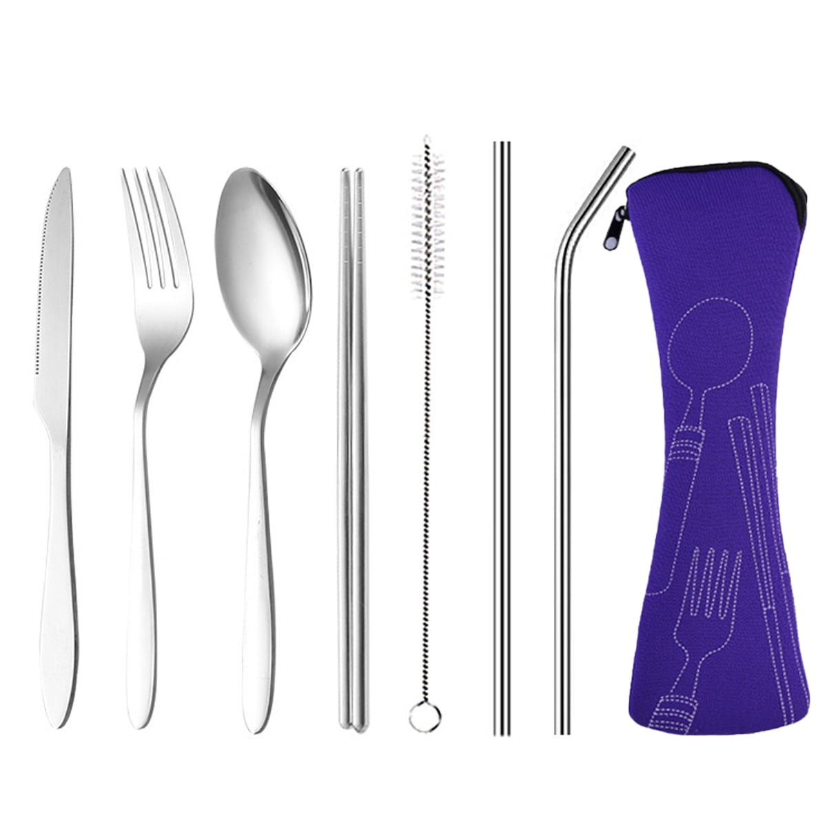 7 Piece Portable Cutlery with Carrying Case, Stainless Steel Travel ...