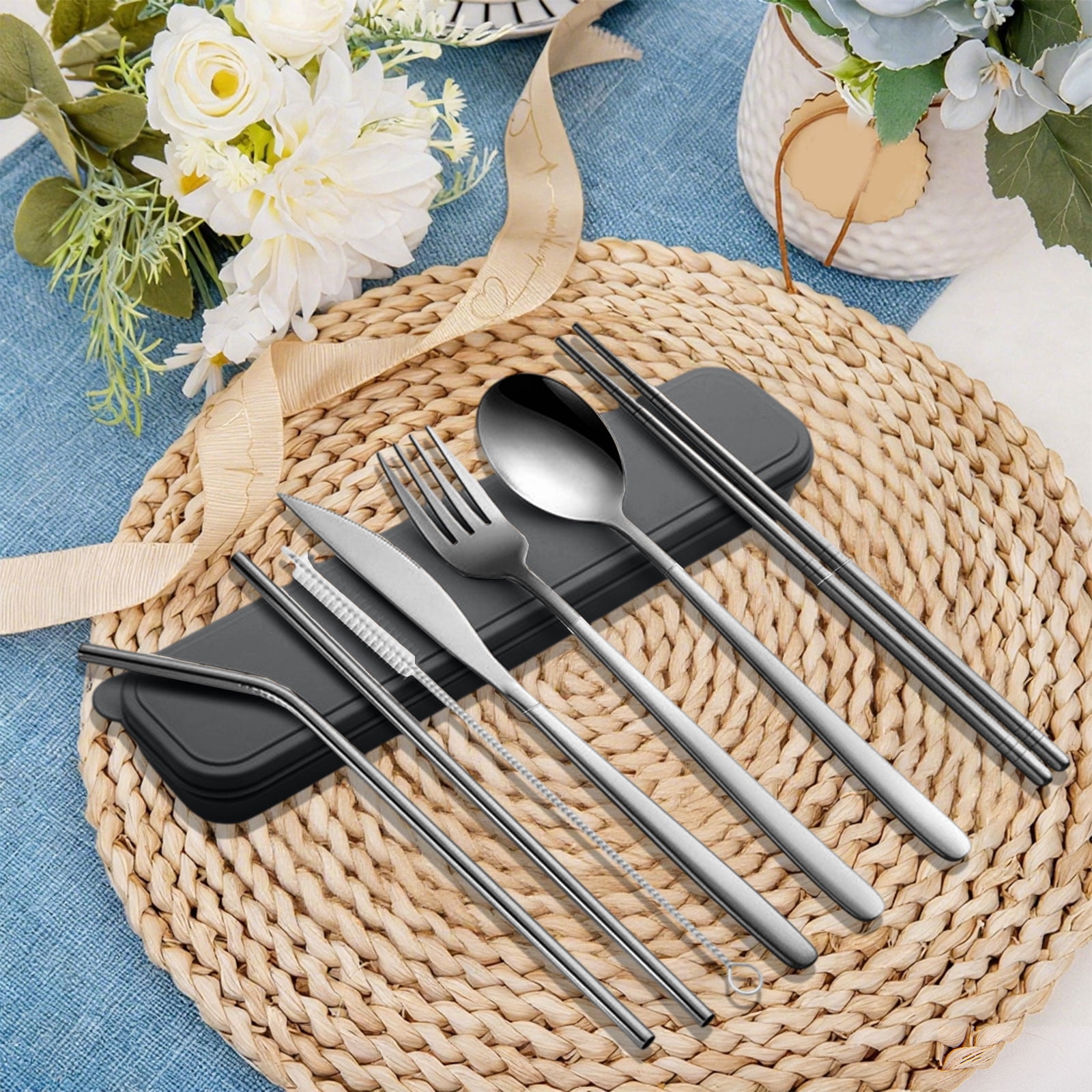 7-Piece Portable Utensil Set, Stainless Steel Travel Cutlery with Case ...