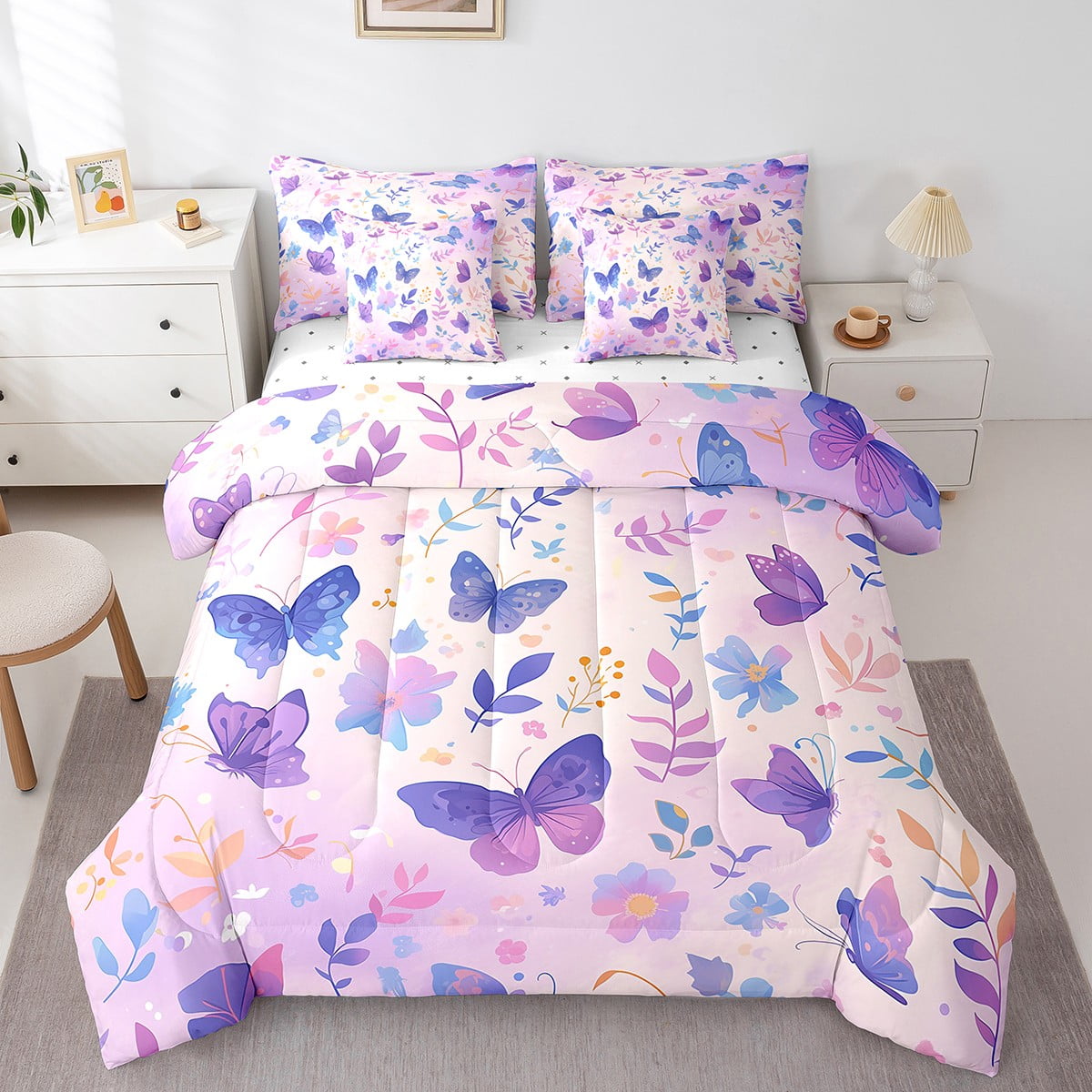 7-Piece Purple Butterfly Bedding King Size Chic Animals Comforter Set ...