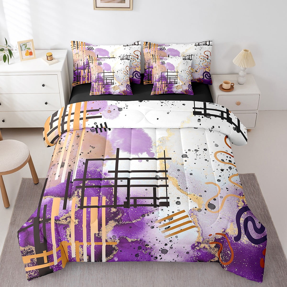 7 Piece Purple Ombre Bed in a Bag Full Size Geometry Stripes Bedding ...