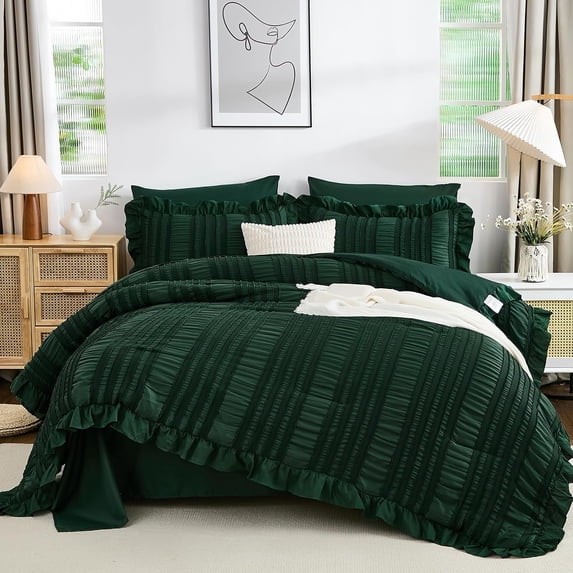 7-Piece Queen Beige Ruffle Seersucker Bedding Set, Shabby Chic Style ...