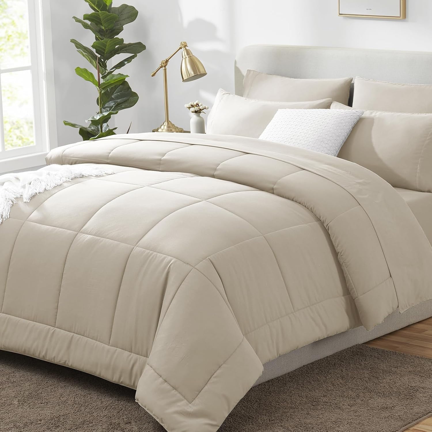 7-Piece Queen Oatmeal Bedding Set – All-Season Quilted Comforter with Sheets & Pillowcases ...