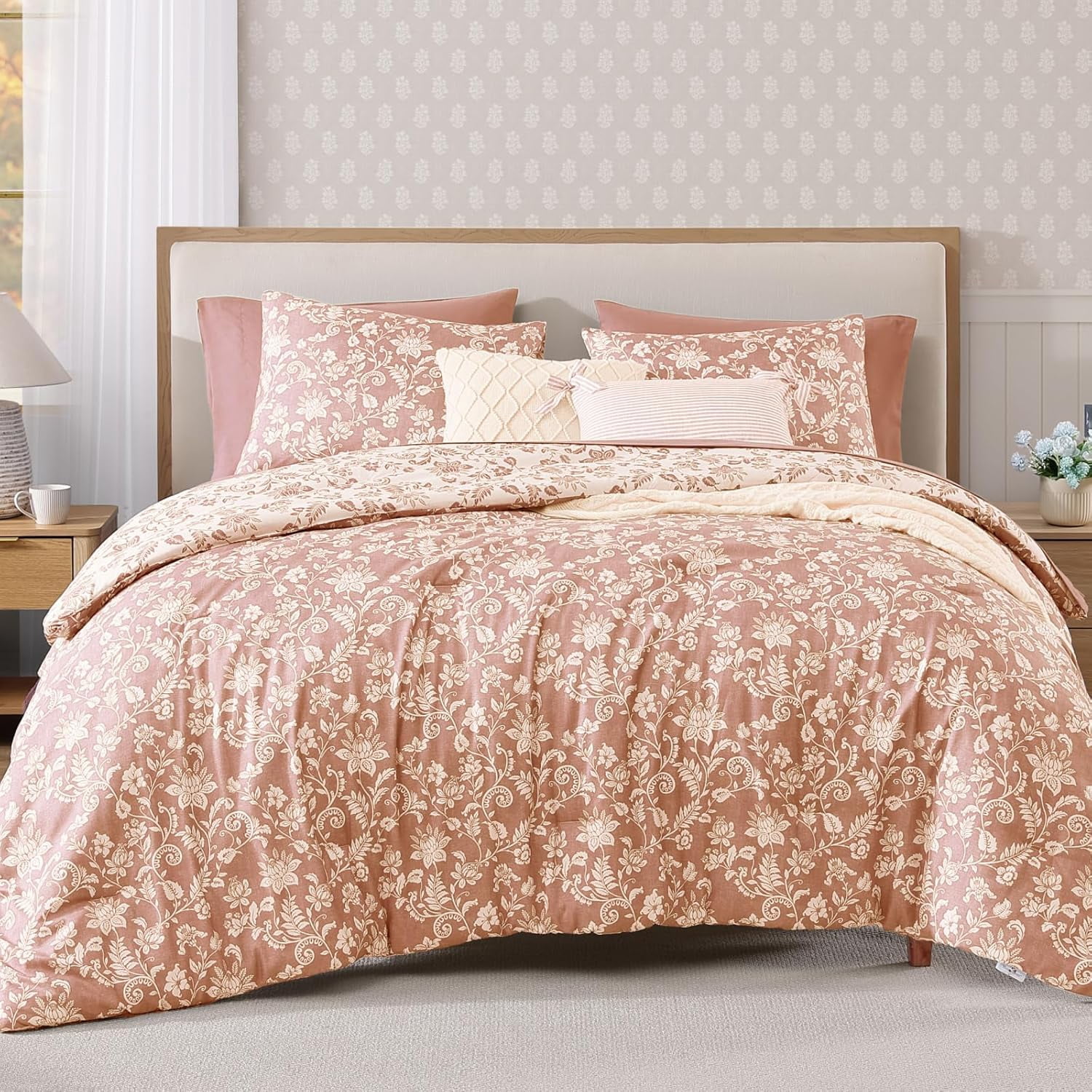7-Piece Queen Pink Floral Botanical Comforter Set, All Season Bed in a ...