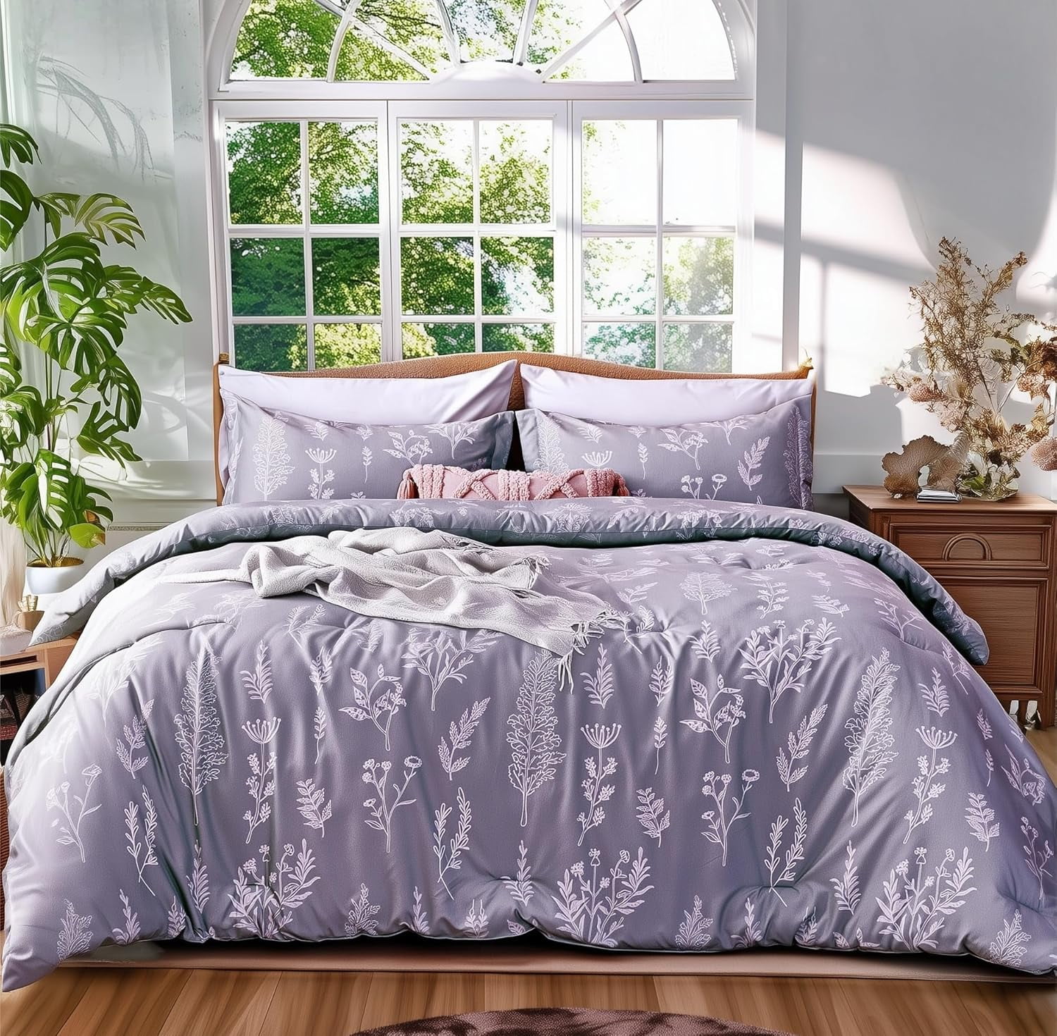 7-Piece Queen Sage Green Floral Boho Comforter Set, Soft Fluffy All ...