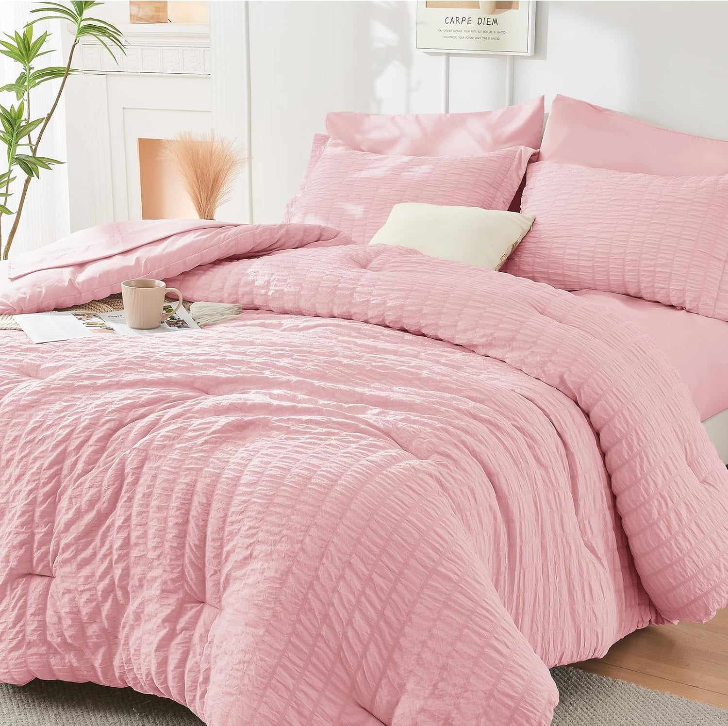 7-Piece Queen Size Pink Seersucker Comforter Set - All Season Luxury ...
