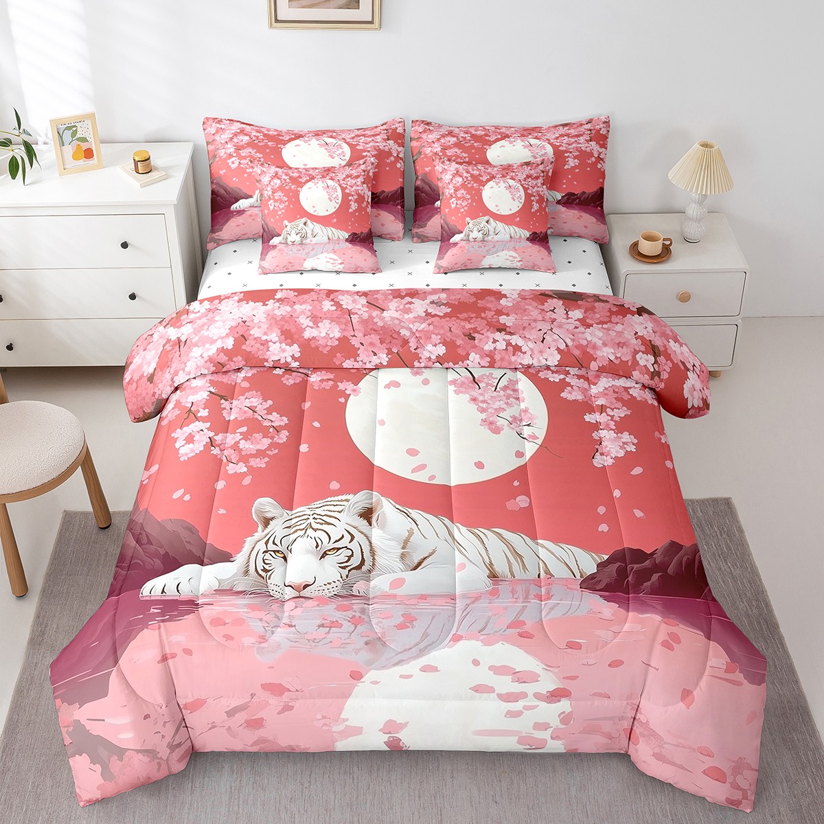 7 Piece Queen Size White Tiger Comforter Set,Moon Japan Ukiyoe Cherry ...