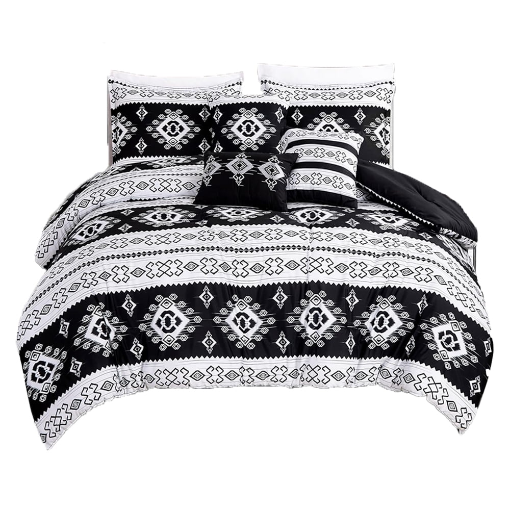 7-Piece Queen Southwestern Aztec Comforter Set - Black White Geometric ...