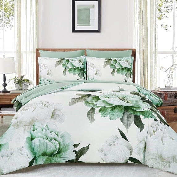 7-Piece Queen White Gray Floral Botanical Farmhouse Microfiber ...