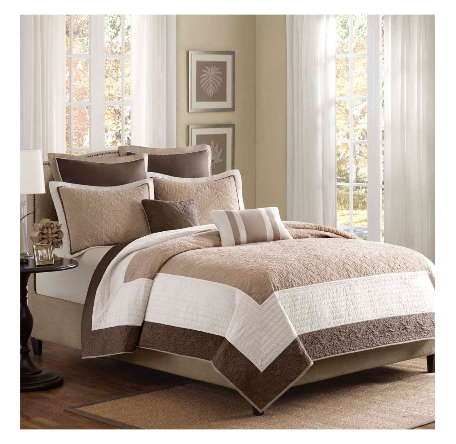 7 Piece Quilt Set - Traditional Medallion Design - Beige/Brown or Black ...