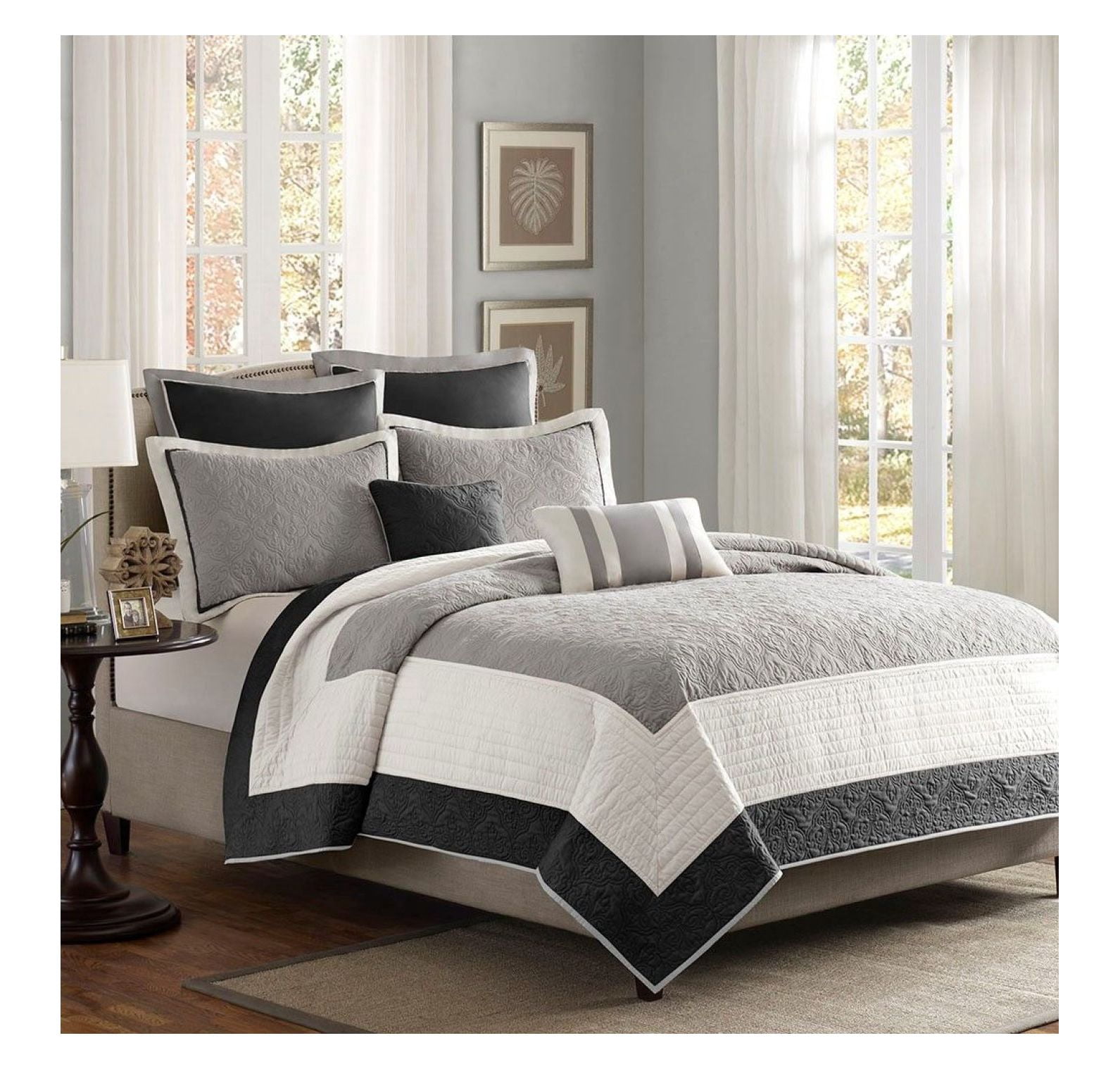 7 Piece Quilt Set - Traditional Medallion Design - Beige or Black ...