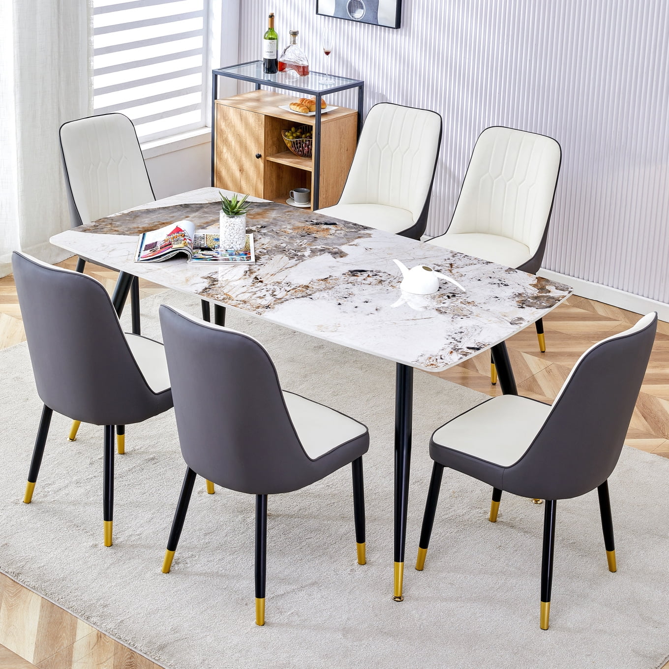 7 Piece Rectangle Marble Dining Table for 6, 62'' White Sintered Stone ...
