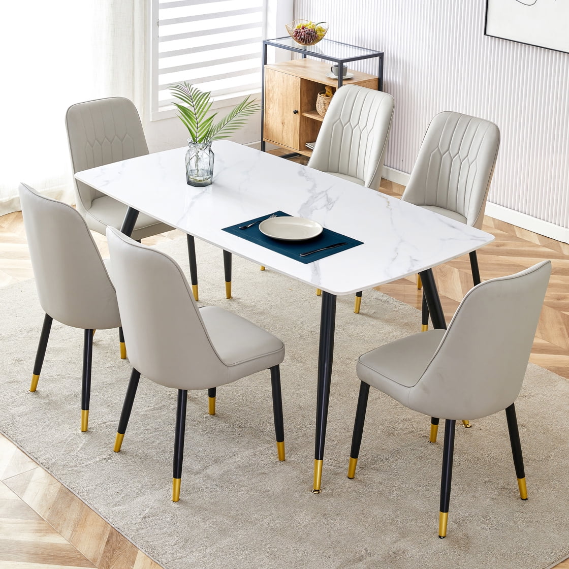 7 Piece Rectangle Marble Dining Table for 6, 62'' White Sintered Stone ...