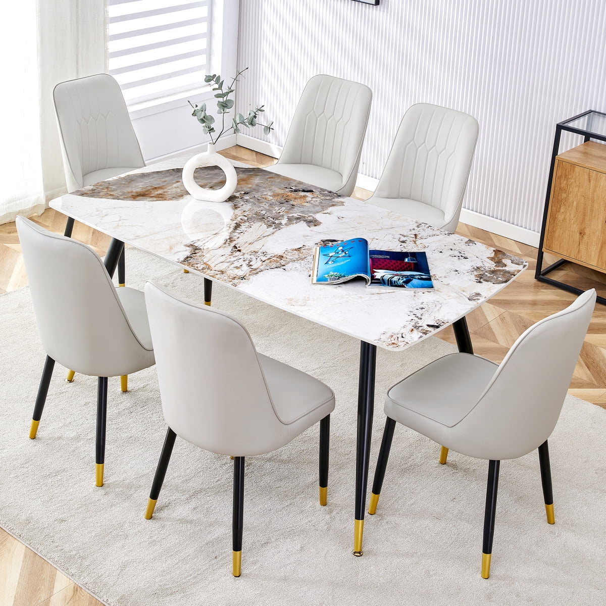 7 Piece Rectangle Marble Dining Table for 6, 62'' White Sintered Stone ...
