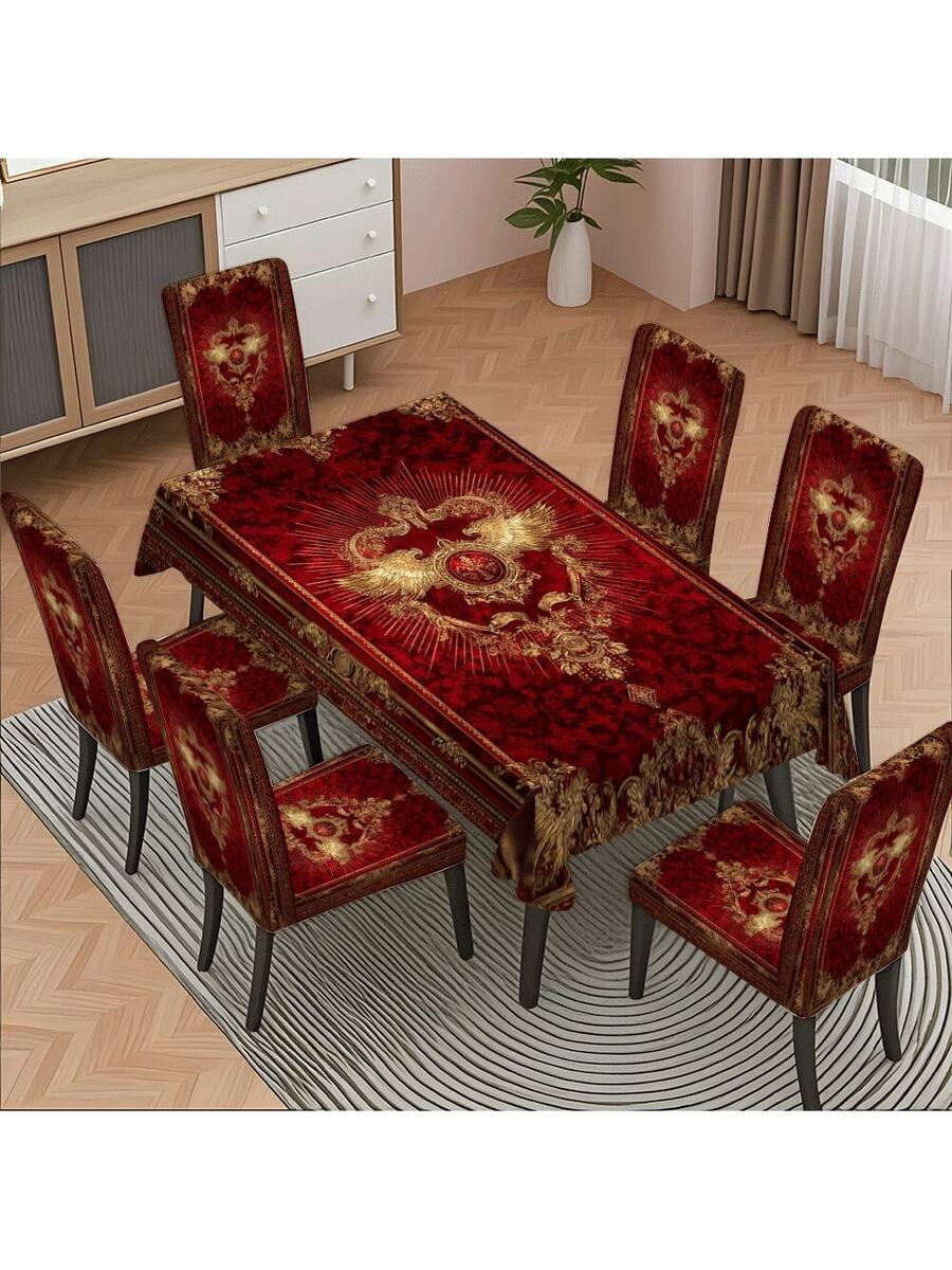 7-Piece Red And Gold Imperial Eagle Embroidered Tablecloth And Chair ...