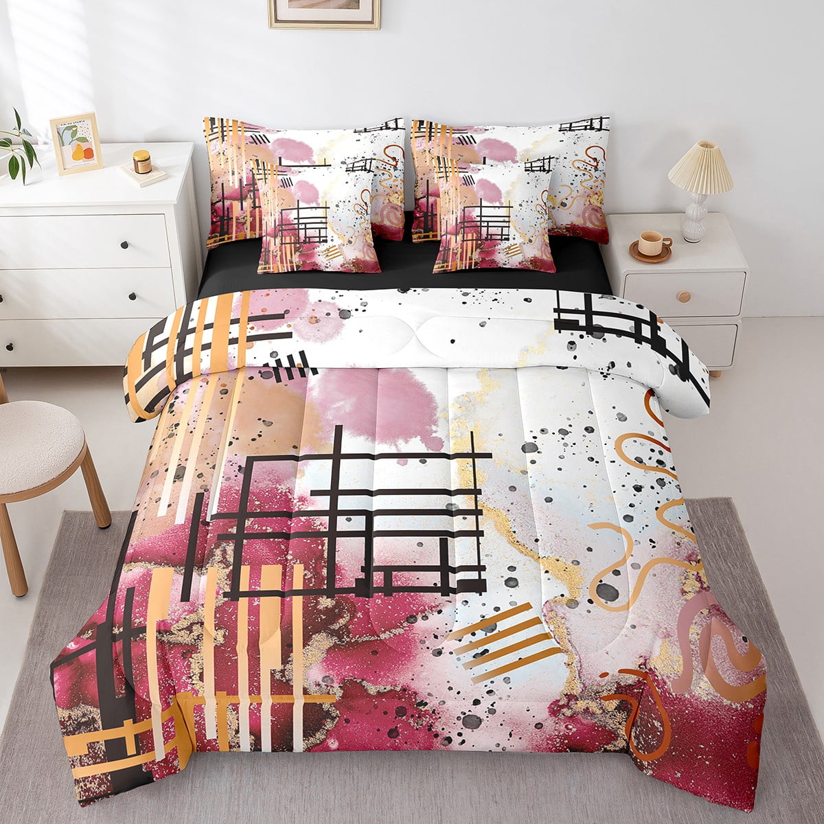 7 Piece Red Ombre Bed in a Bag King Size Geometry Stripes Bedding Sets ...