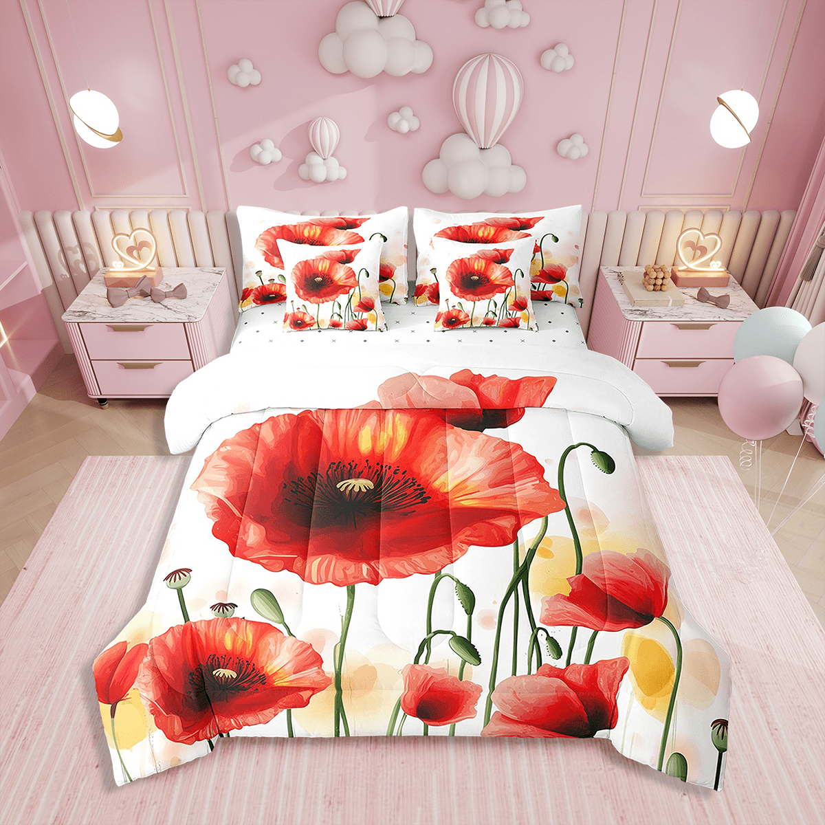 7 Piece Red Poppy Sheet Set With Comforter,Branches Floral Bedding Sets ...