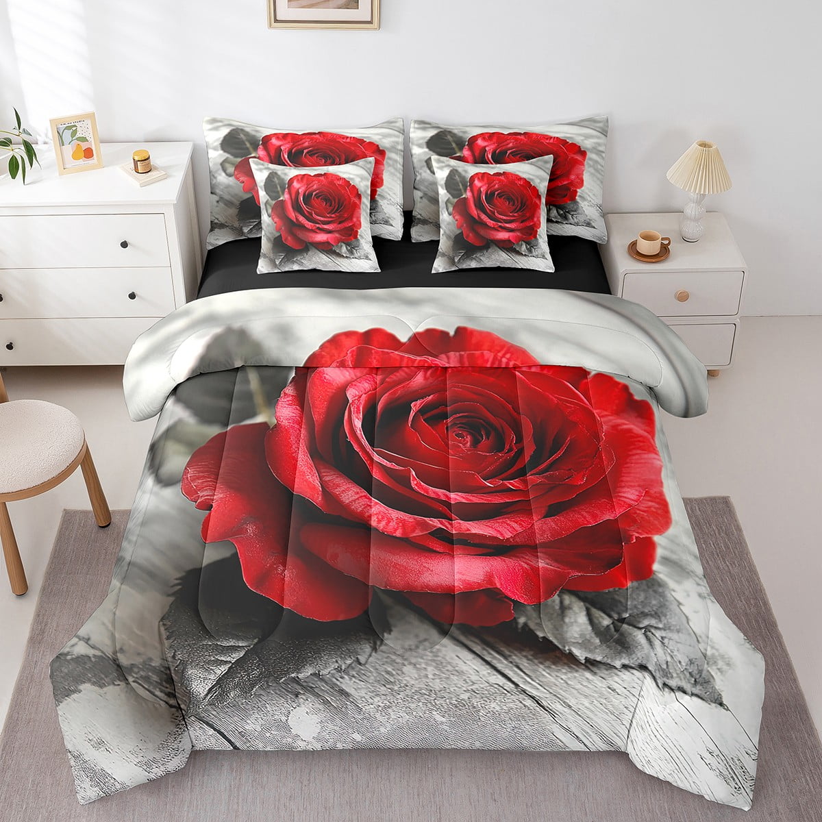 7 Piece Red Rose Gray Black Bedding Set King,Valentine Couple Rose Bed ...
