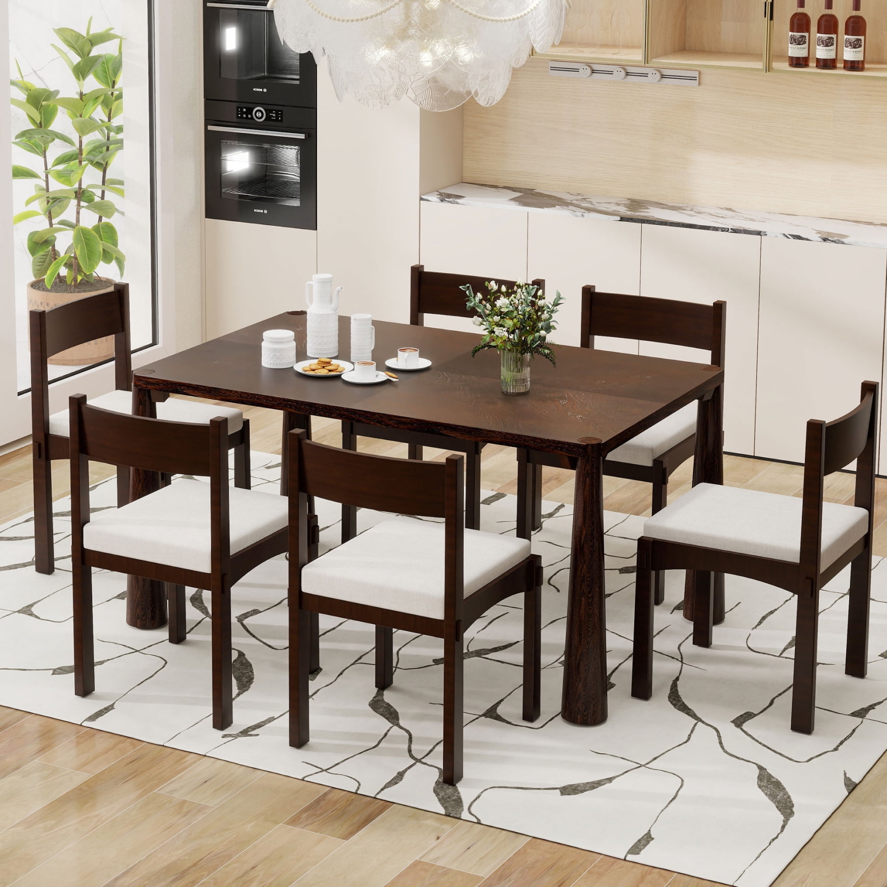 7-Piece Retro Dining Table Set, 60" Solid Wood Kitchen Table Set with 6 ...