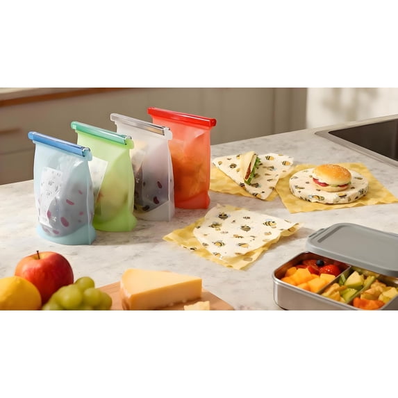 7-Piece Reusable Silicone Food Storage Bags & Beeswax Wraps Set ...