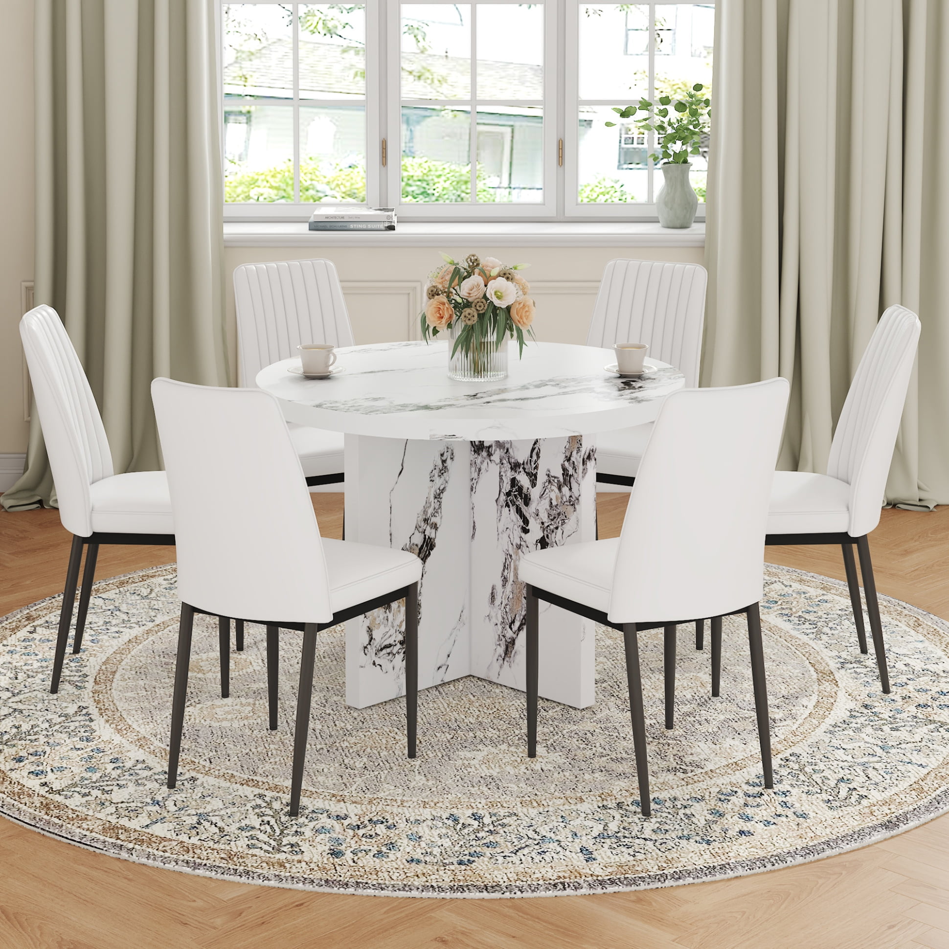 7-Piece Round Dining Table Set, 42 Inch Modern Table with 6 Upholstered ...