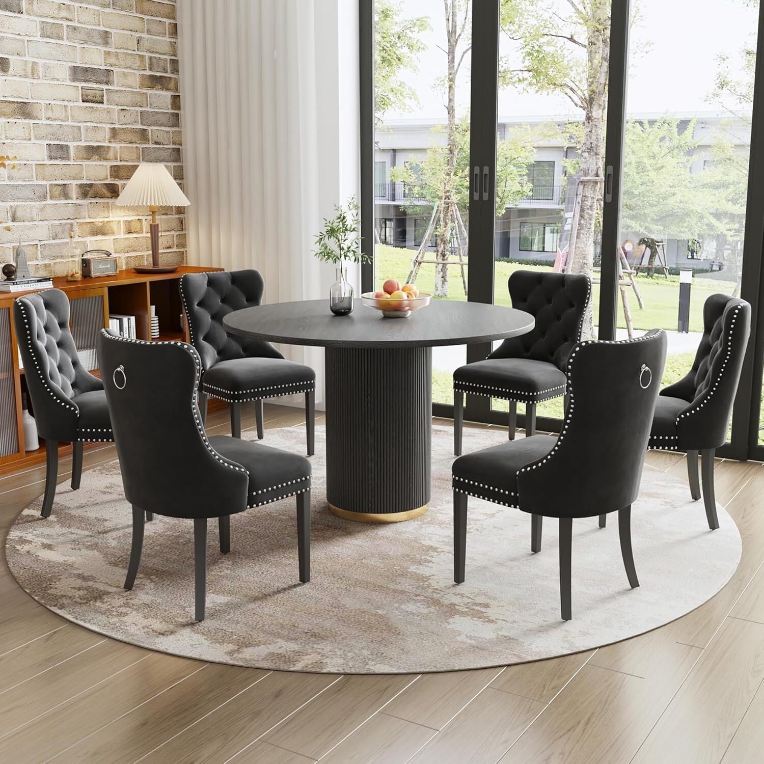 7-Piece Round Dining Table Set, 46.46" Modern Farmhouse Wood Top with ...