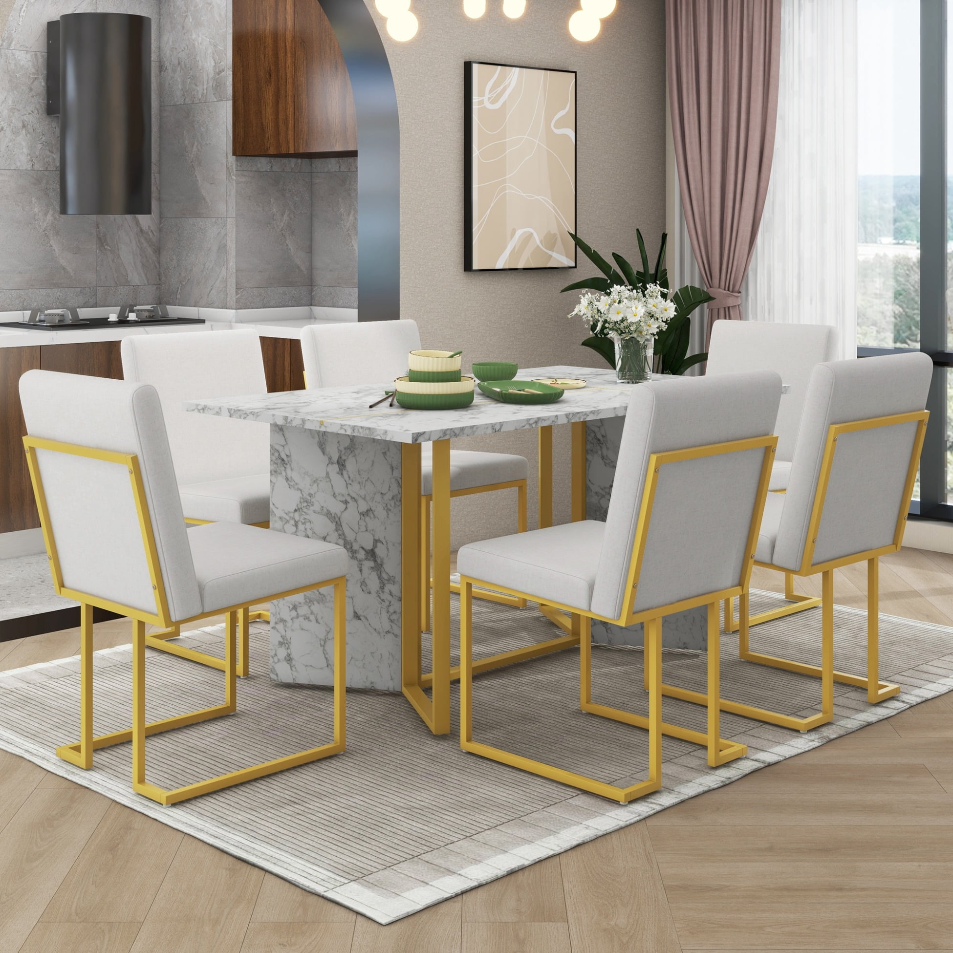 7 Piece Round Dining Table Set, Modern Kitchen Table and Chairs Set for ...