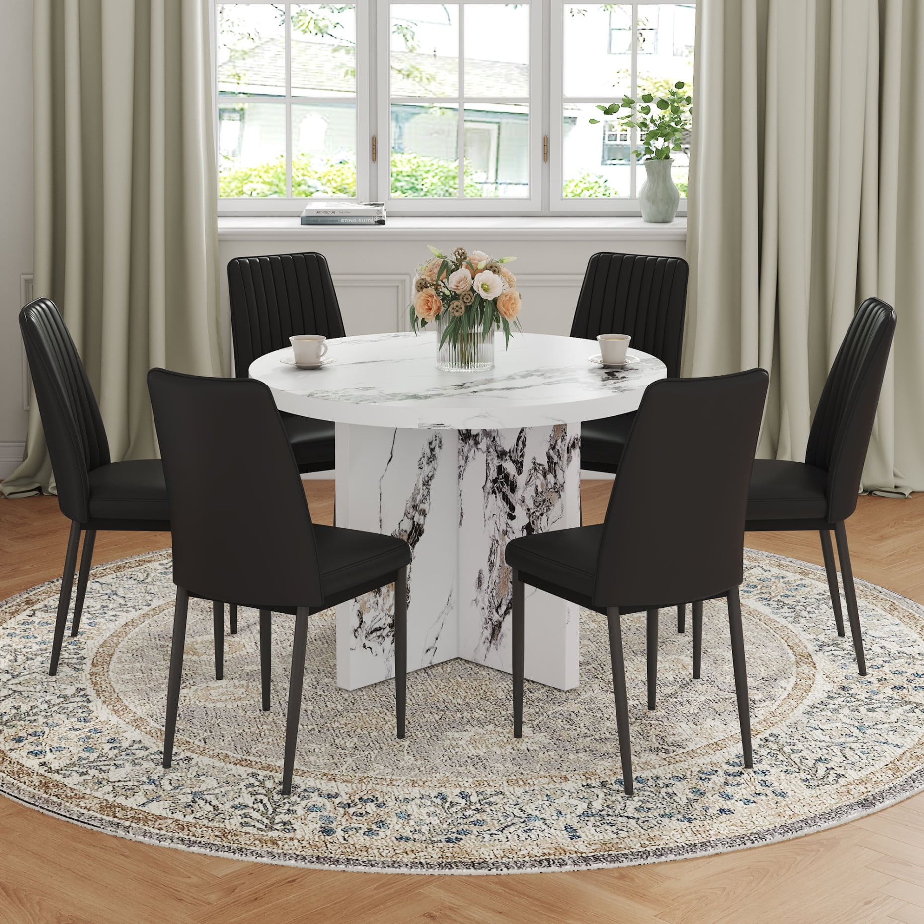 7-Piece Round Dining Table Set with 6 Upholstered Chairs, 42 Inch ...