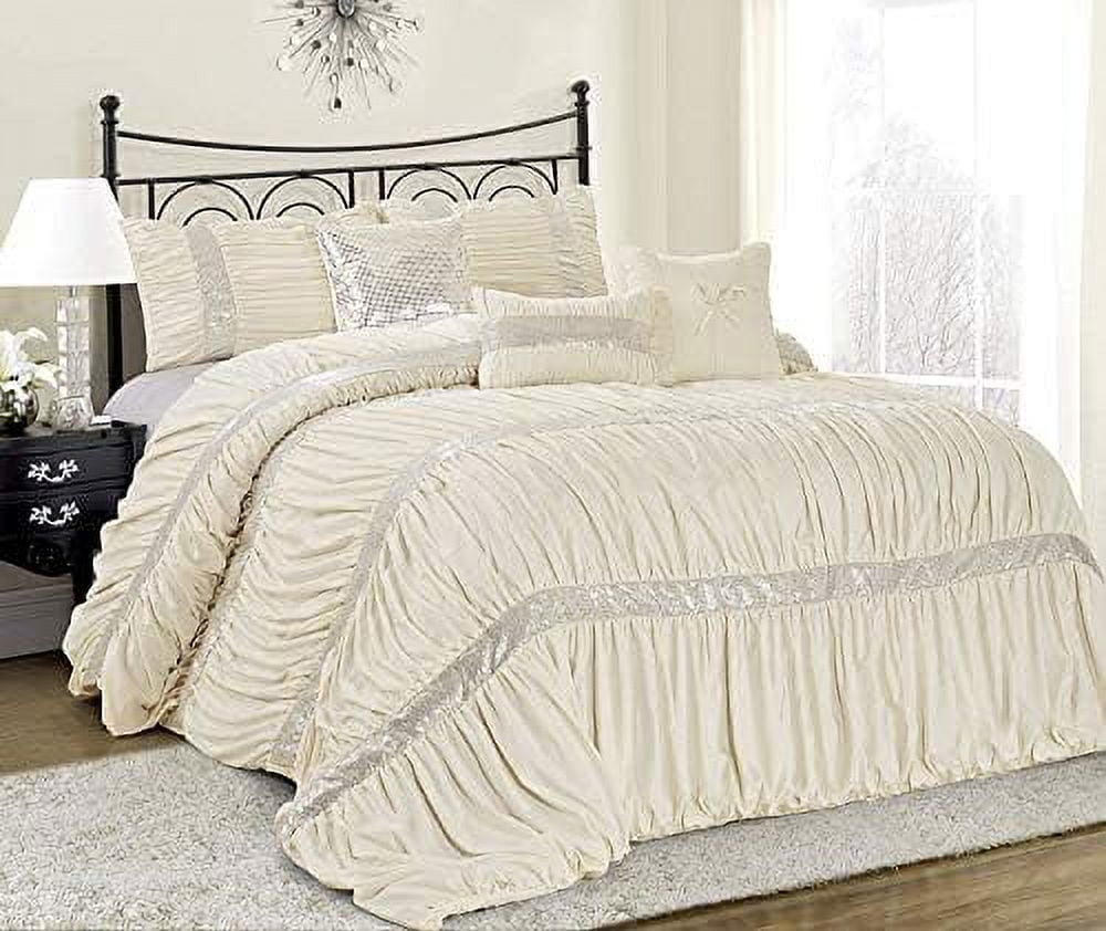 7 Piece Ruched Pleat Embroidered King Ivory Comforter Set, Ruffled ...