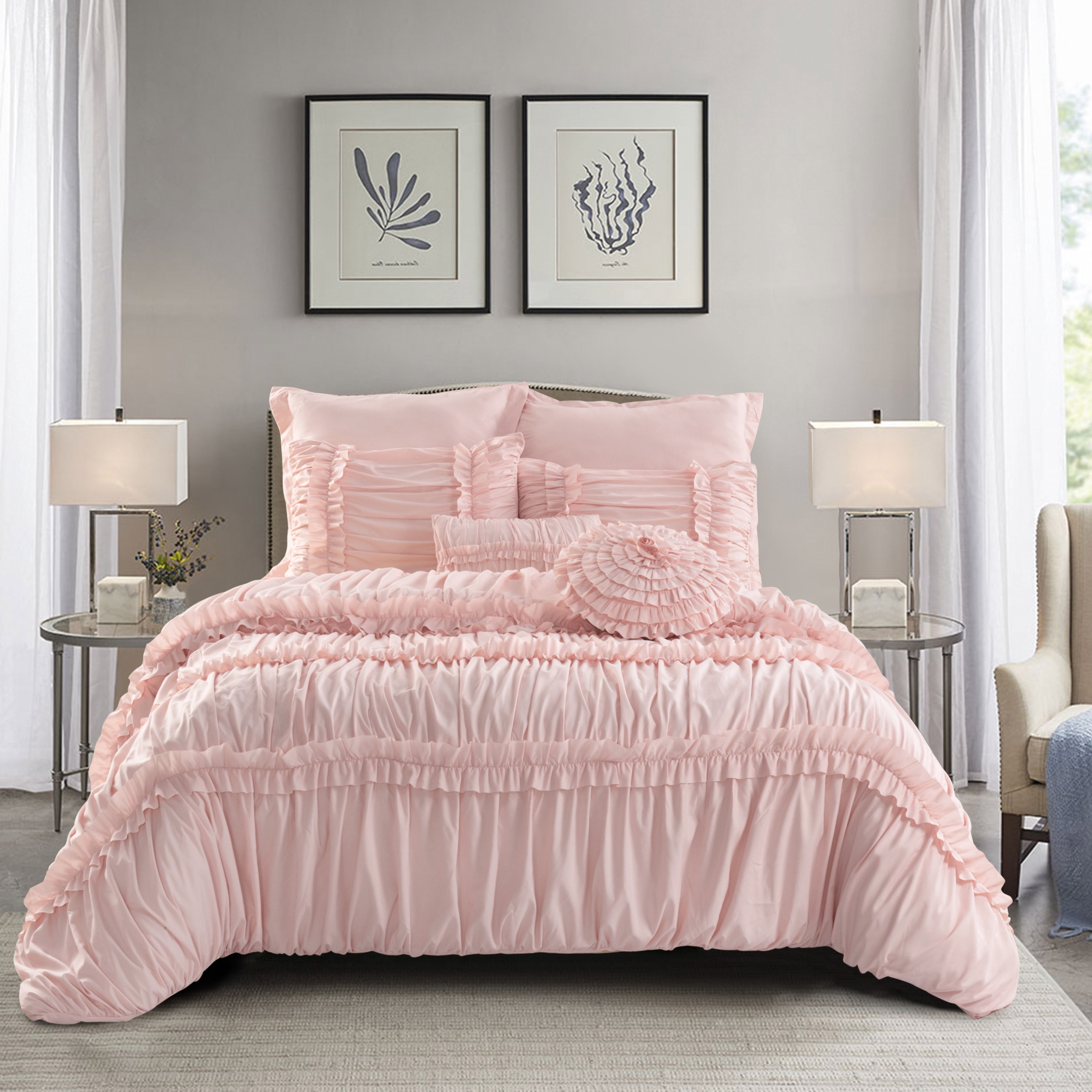 7-Piece Ruffled Comforter Set, Blush Pink - Soft Romantic Bedding with ...