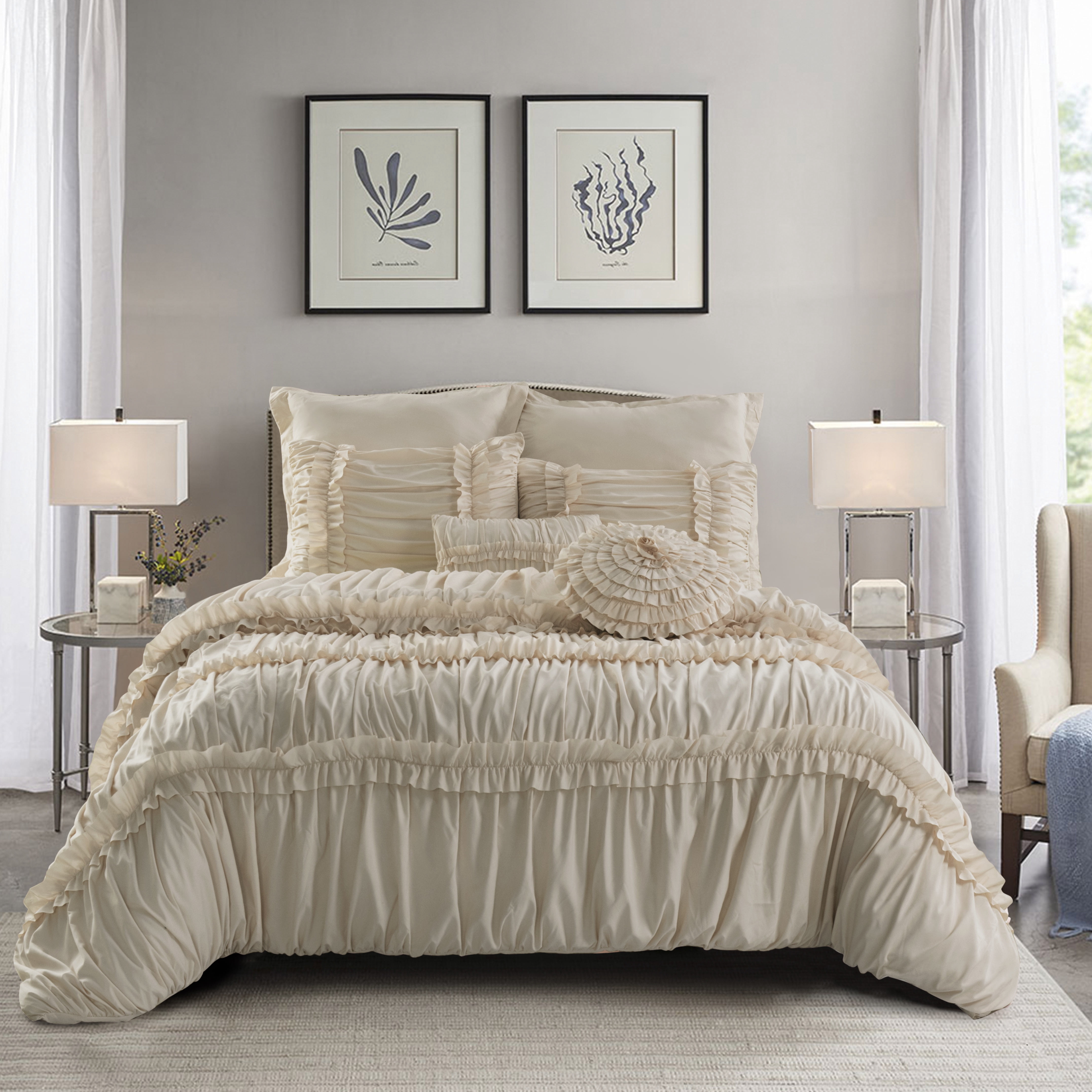 7-Piece Ruffled Comforter Set, Camel- Romantic Bedding with Comforter ...