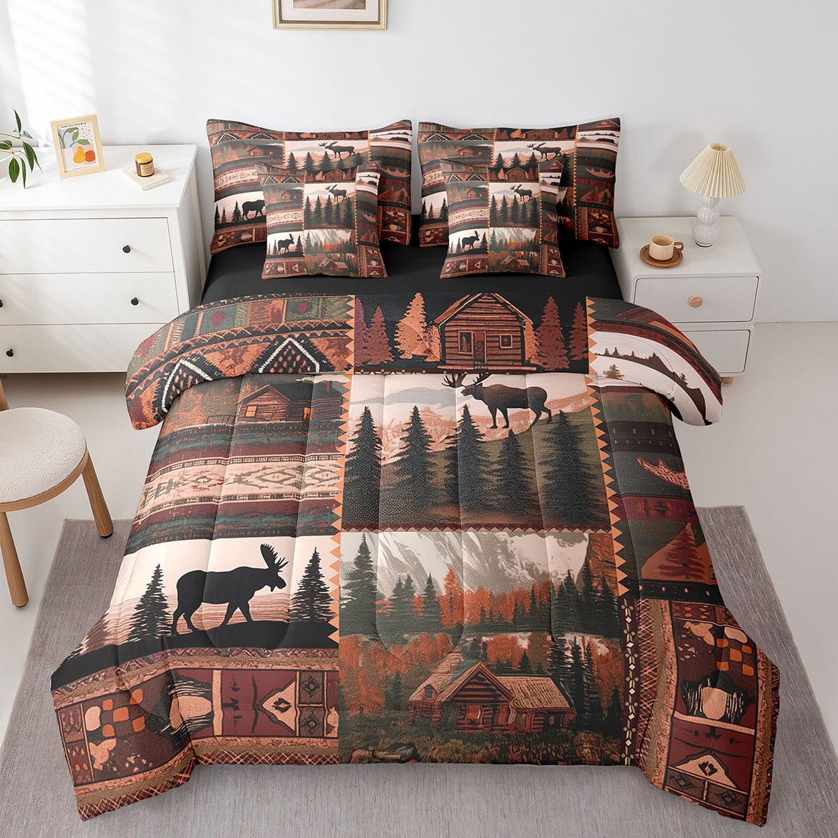 7 Piece Rustic Cabin Bedding Sets Hunting Moose Twin Comforter Set With ...