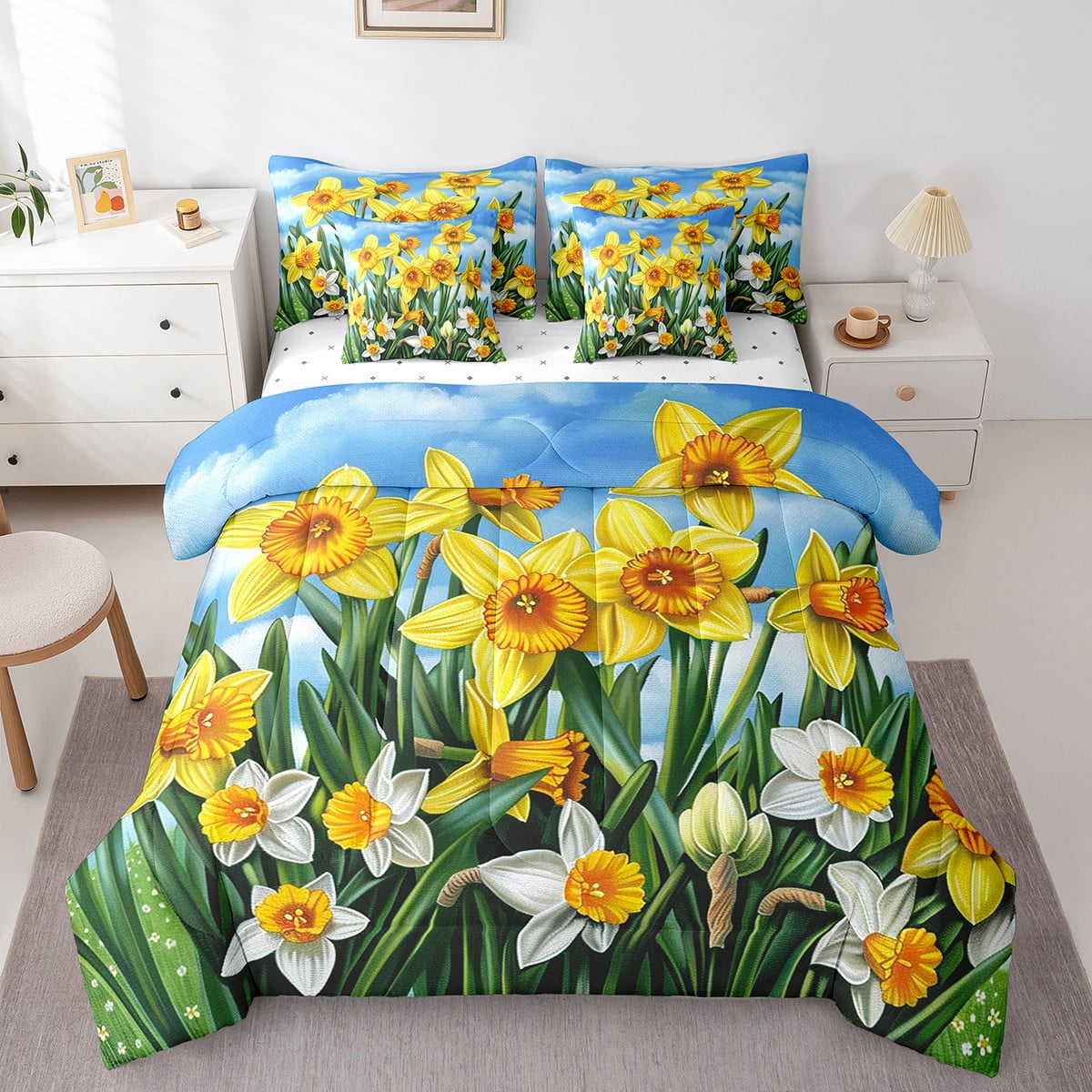 7 Piece Rustic Flowers Bedding Set Women,Blossom Daffodil Floral Bed In ...