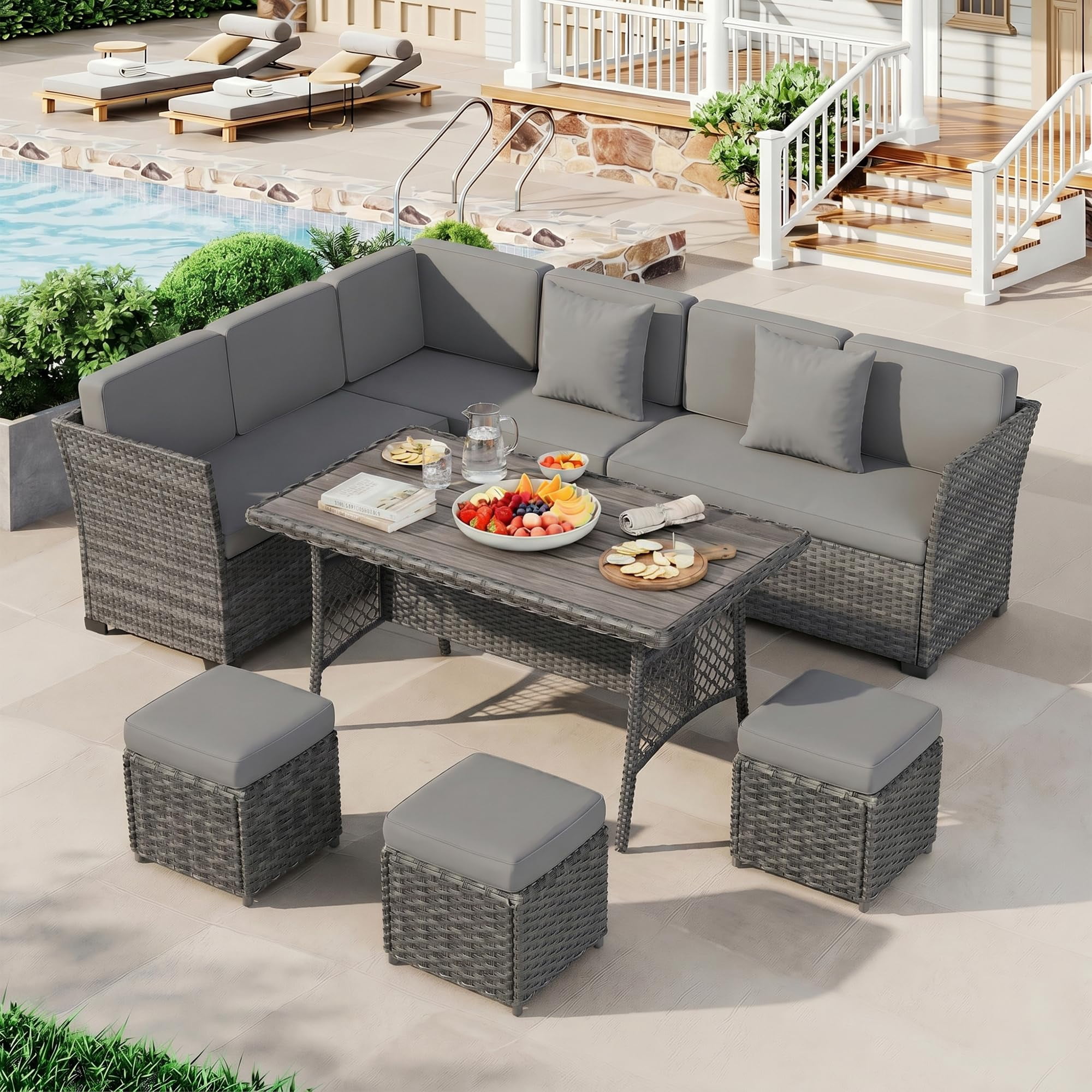 7 Piece Rustic Grey-light Grey Cushion Outdoor Wicker Patio ...