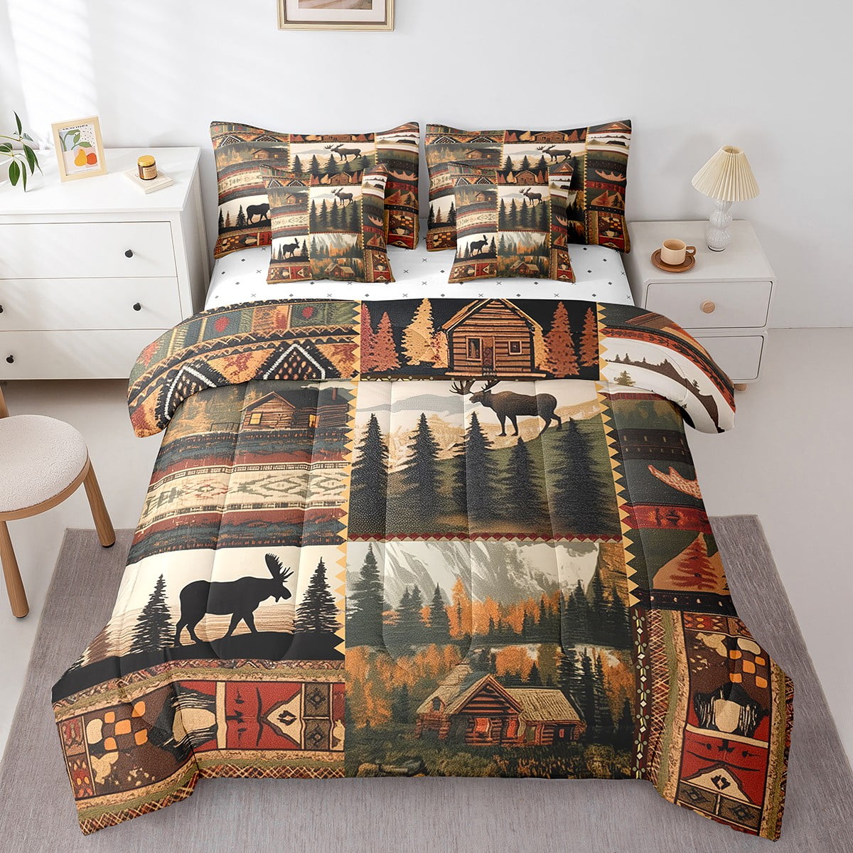 7 Piece Rustic Moose Bed In A Bag Queen Farmhouse Cabin Lodge Bedding ...