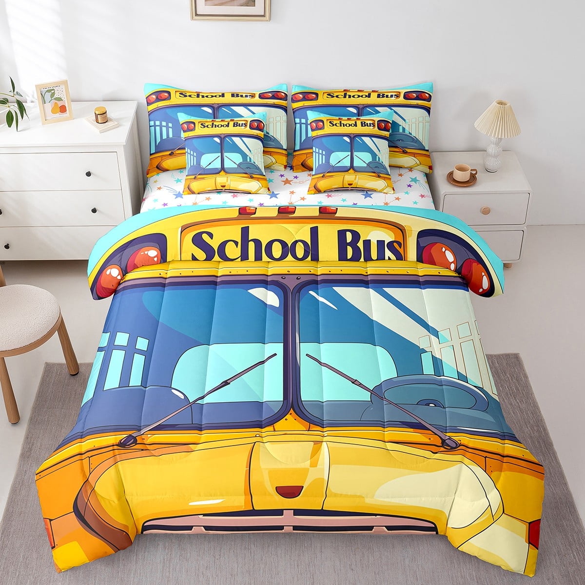 7 Piece School Bus Bedding Sets Twin Size Cartoon Vehicle Bed in a Bag ...