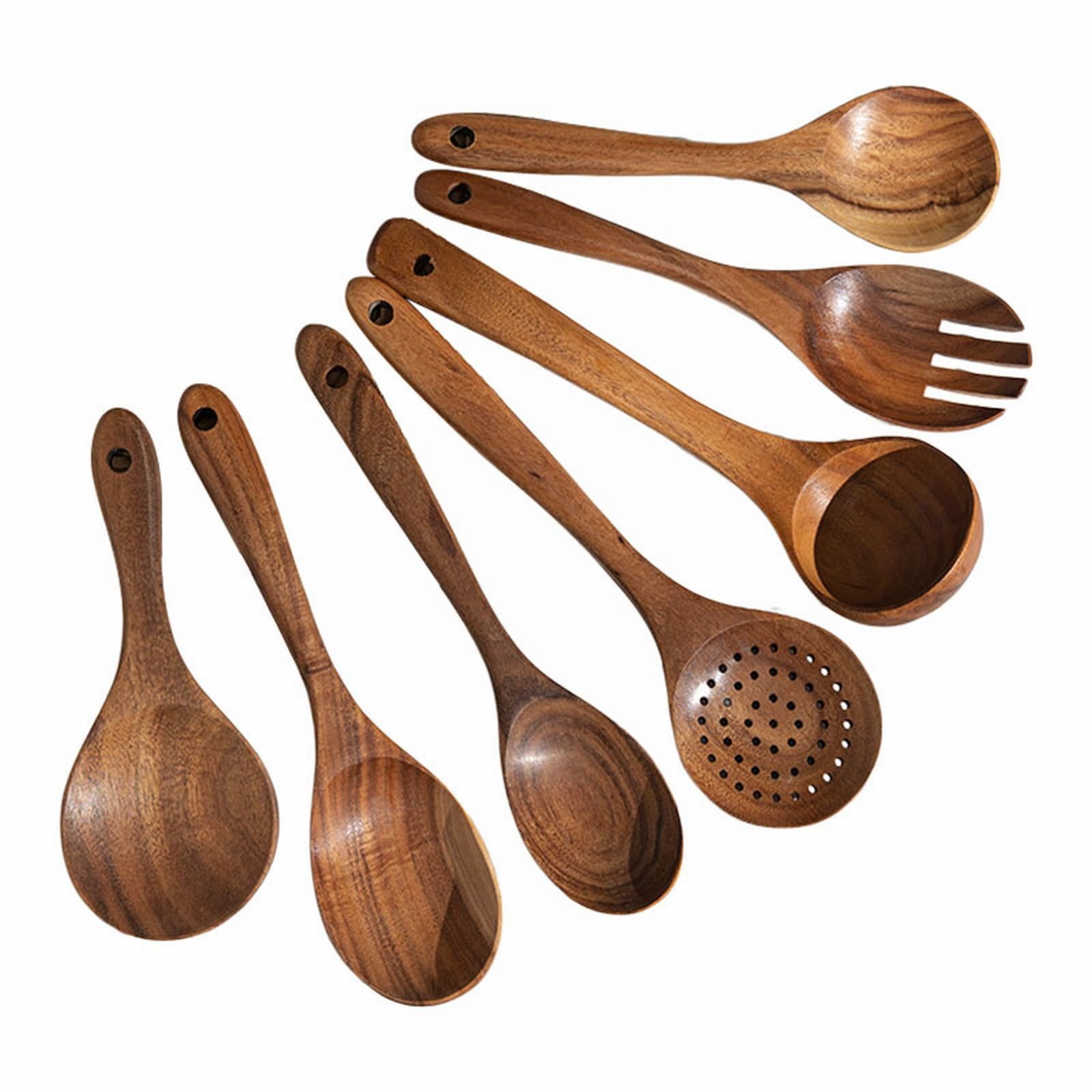 7 - Piece Set of Natural Teak Wood Kitchen Utensils - Non - stick Hard ...