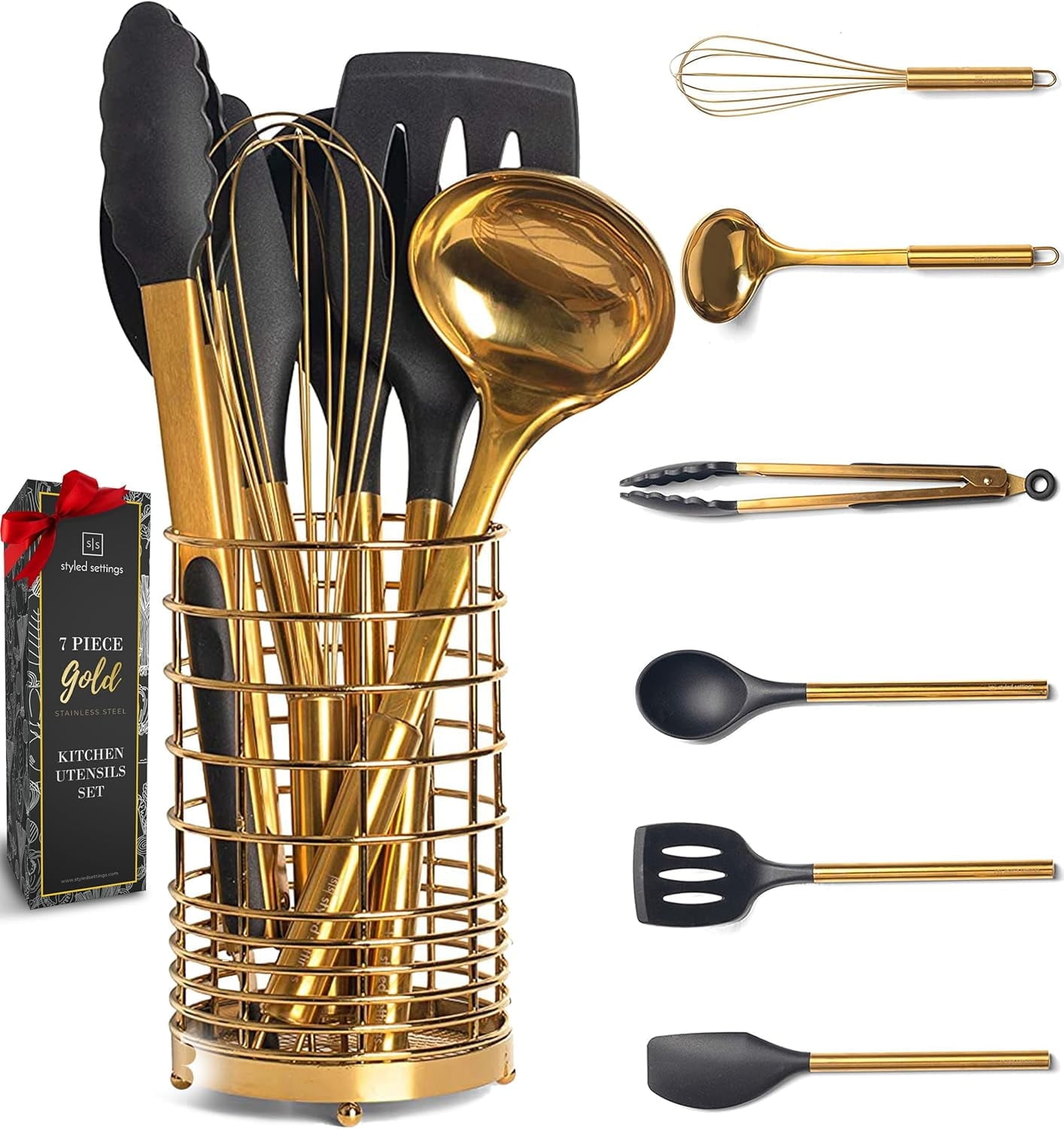 7-Piece Silicone Kitchen Utensils (Black & Gold) – with Gold Holder ...