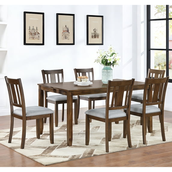 7-Piece Solid Wood Dining Table and Upholstered Chairs Set for 6 People ...