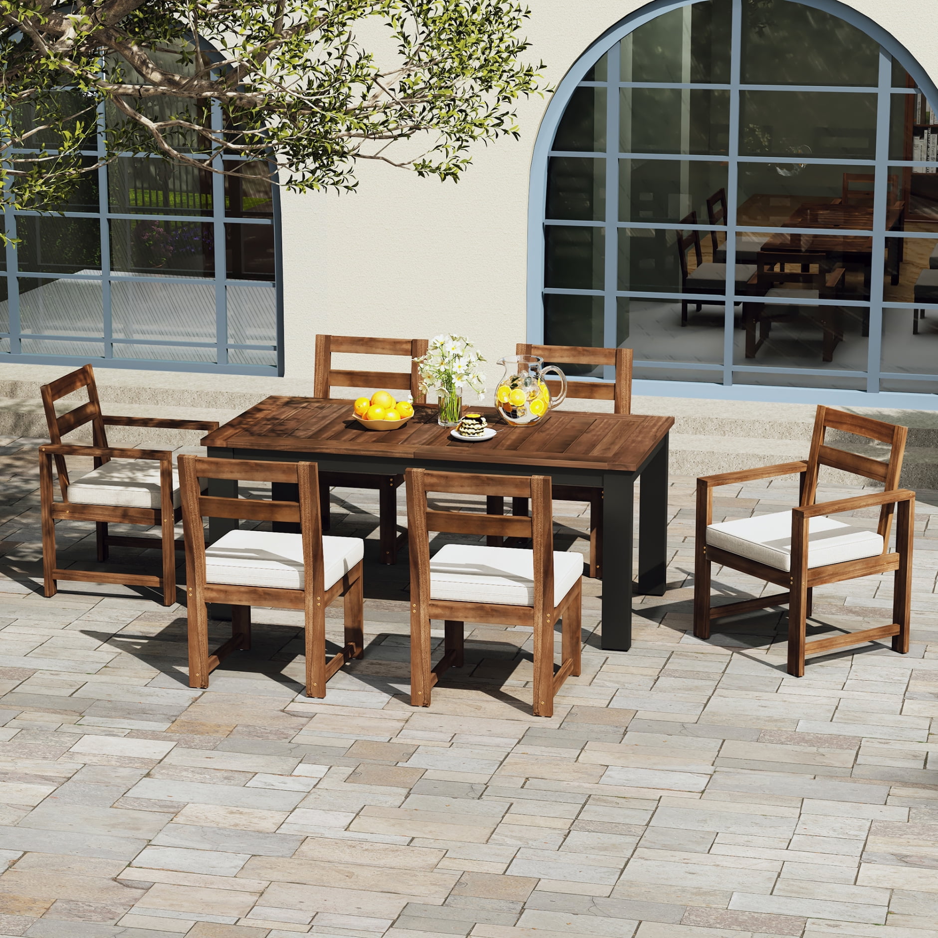 7-Piece Solid Wood Outdoor Dining Table Set for 6 People with Umbrella ...