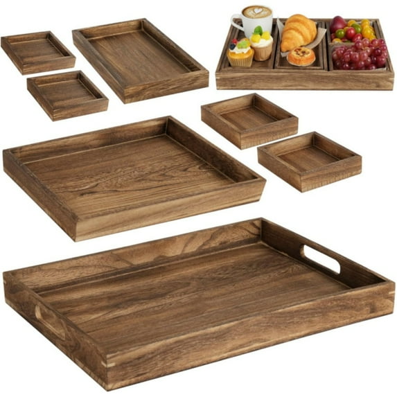7-Piece Solid Wood Tray Set - Rustic Rectangular Serving Tray with ...
