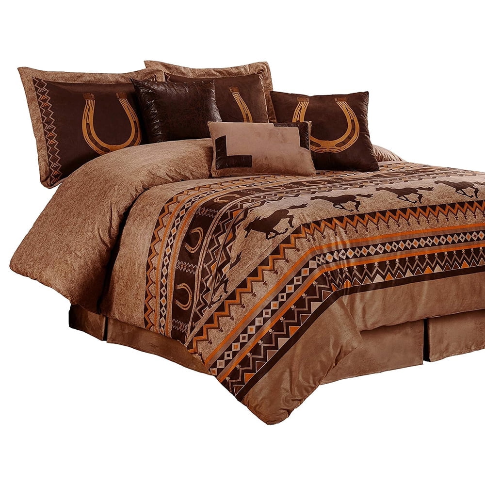7-Piece Southwestern Wild Horses Microsuede Bedding Comforter Set, Full Size Quilt Set for ...