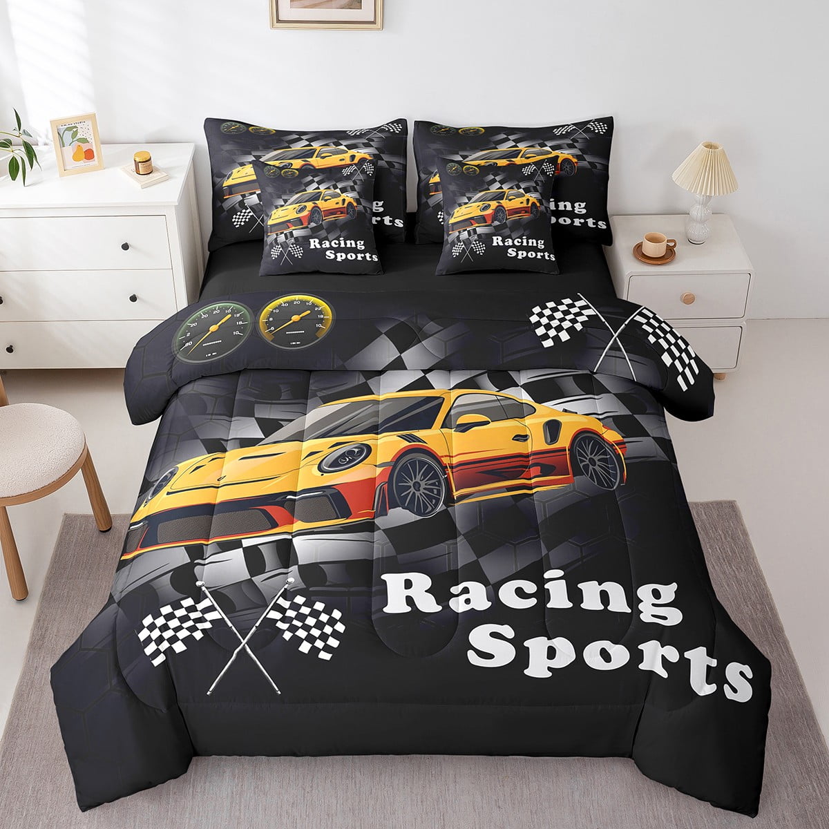 7 Piece Sports Car Twin Bed in a Bag for Boys Girls Black White ...